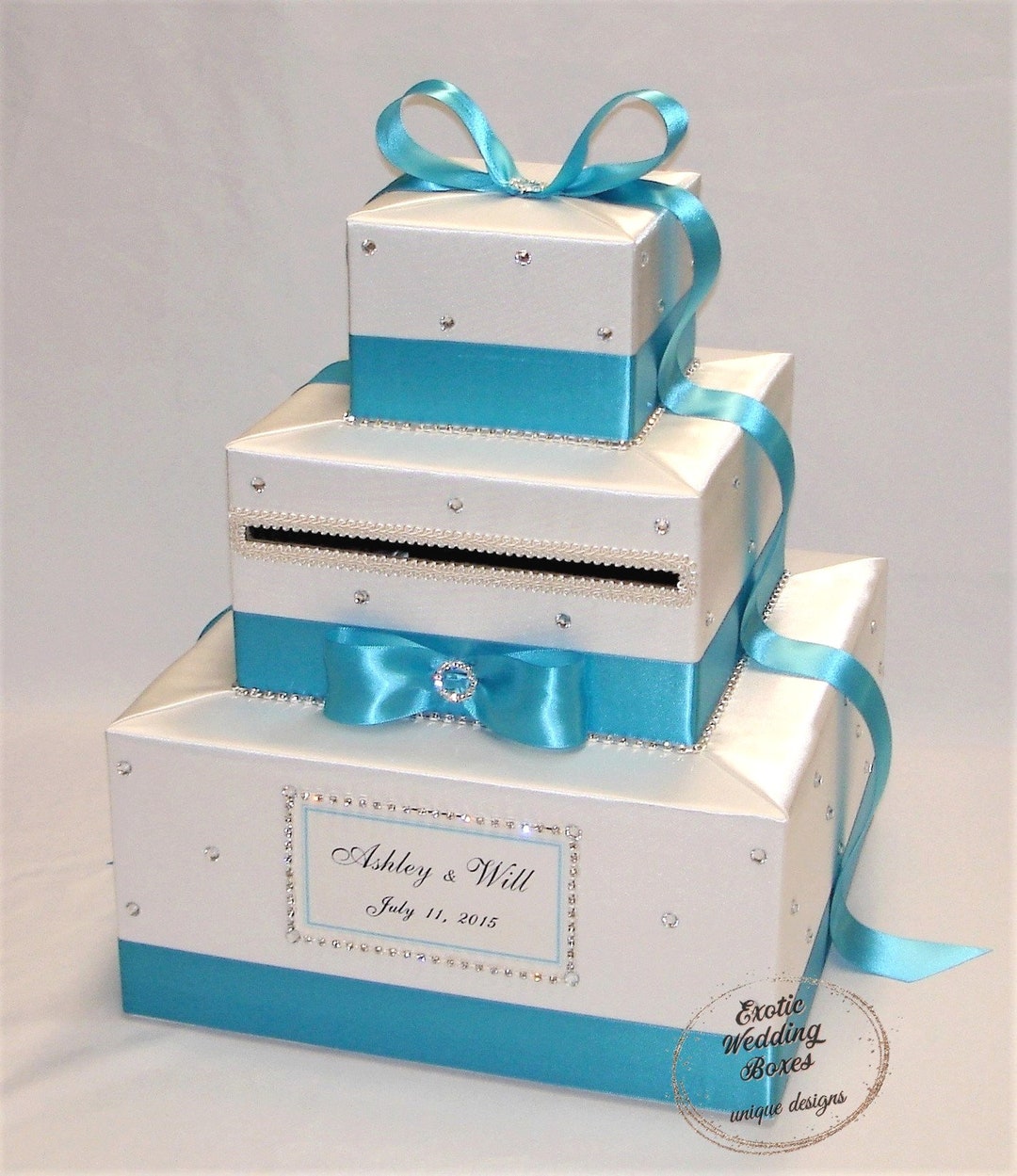 White and Malibu Blue Card Box With Rhinestone Accents - Etsy