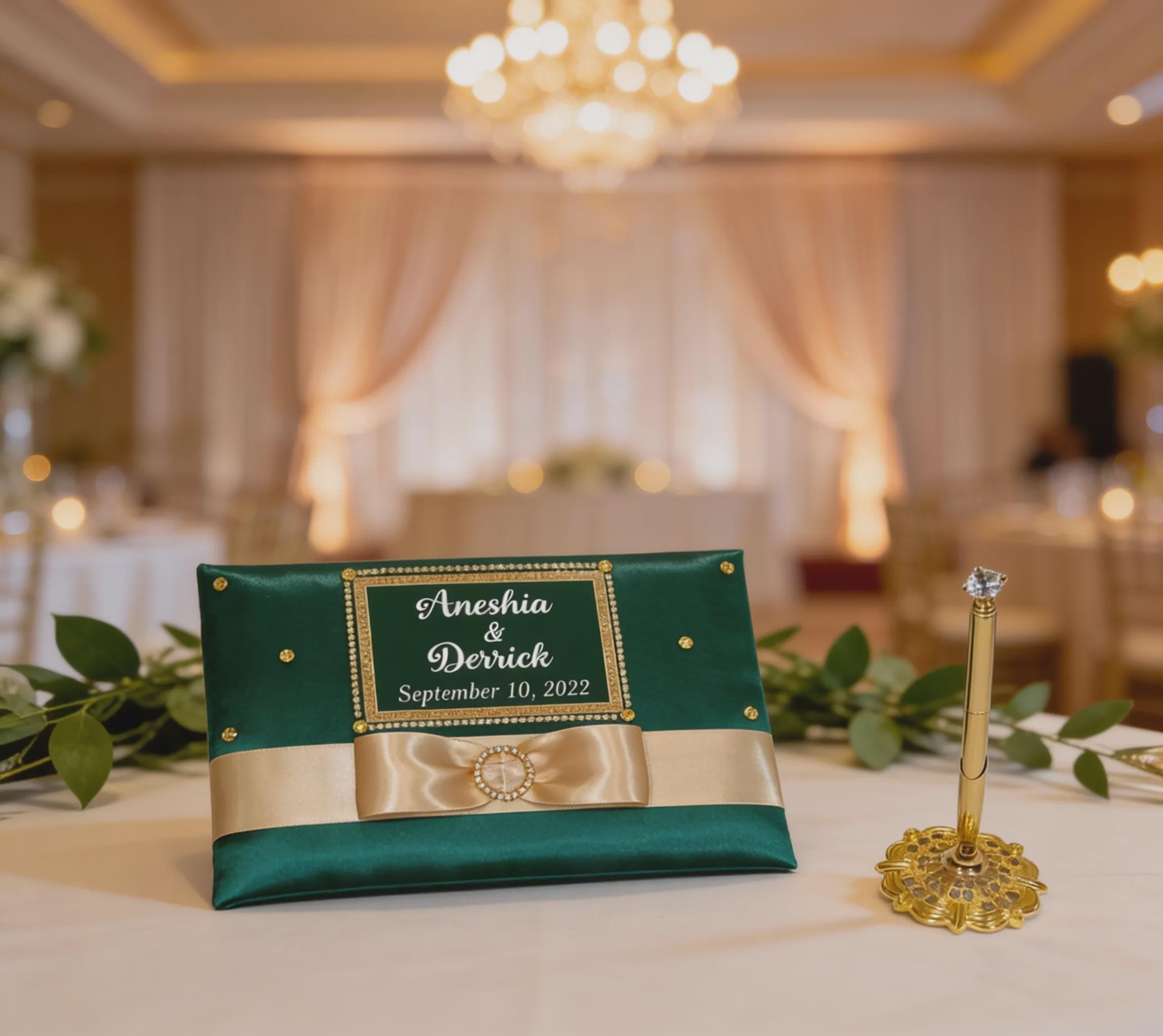 Emerald Green & Champagne Card Box With Guest Book and Pen | Wedding ...