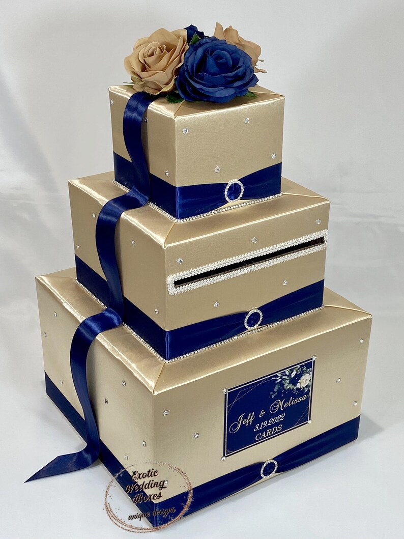 Champagne and Navy Blue Card Box-flowers Rhinestone Accents - Etsy