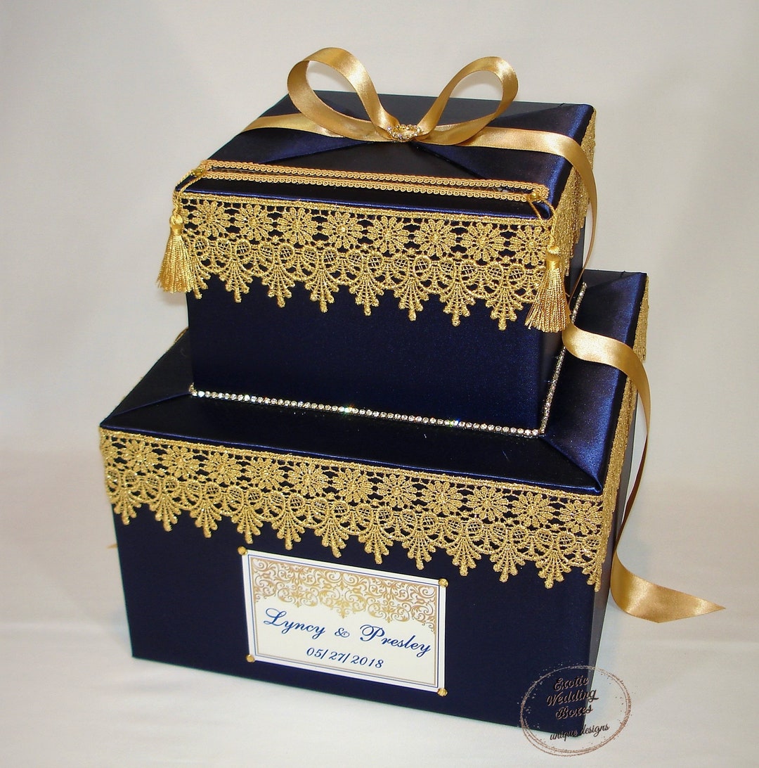 Moroccan Theme Card Box-navy Blue With Gold Venice Lace - Etsy