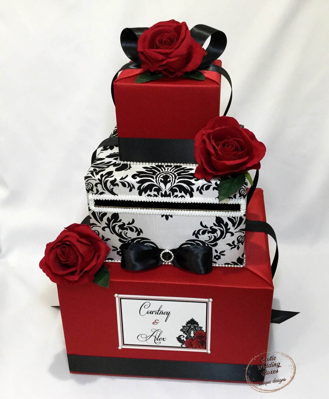 Crimson Red With Black and White Damask Card Box With Red Roses - Etsy