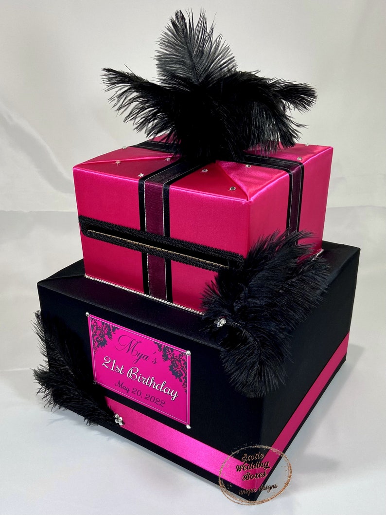 Black and Fuchsia Card Box With Feathers for Weddings Sweet - Etsy