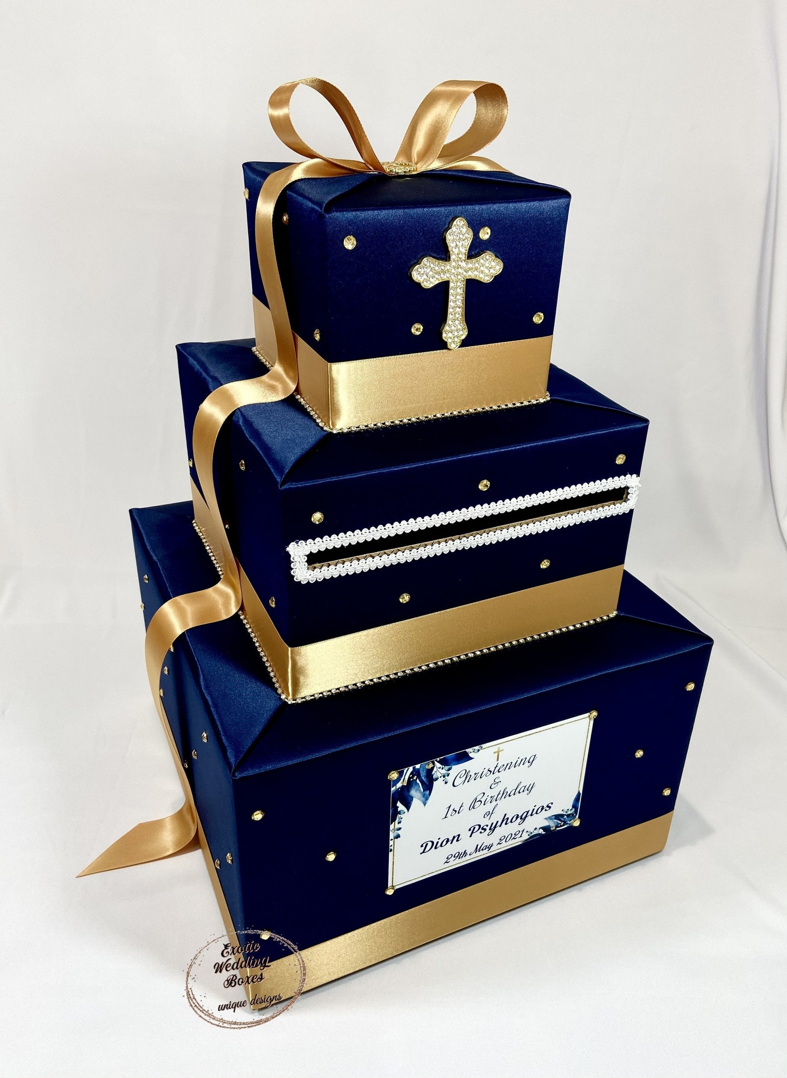 Navy Blue and Gold Card Box for Baptism, Christening, Holy First ...