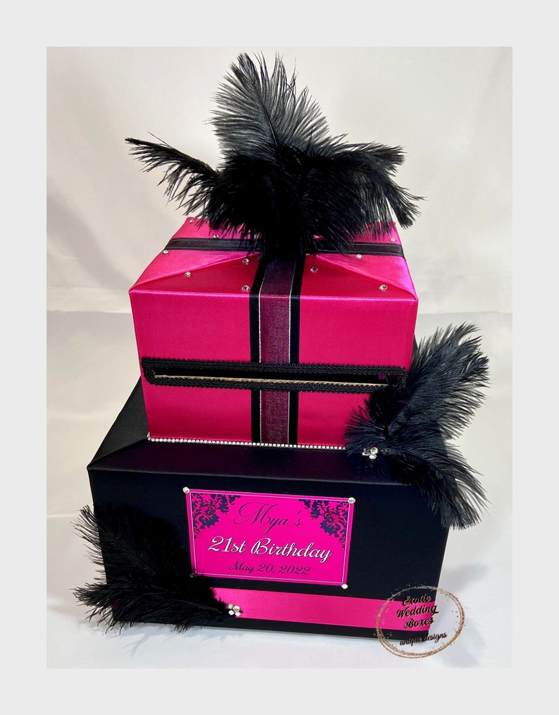 Black and Fuchsia Card Box With Feathers for Weddings Sweet - Etsy