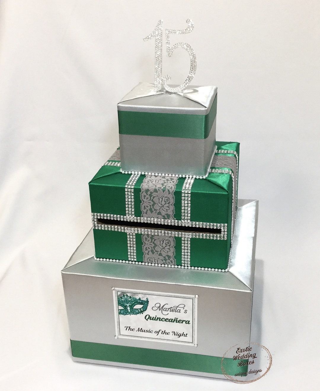 Silver and Green Sweet 16 Card Box, Masquerade Party, Masquerade Sweet ...