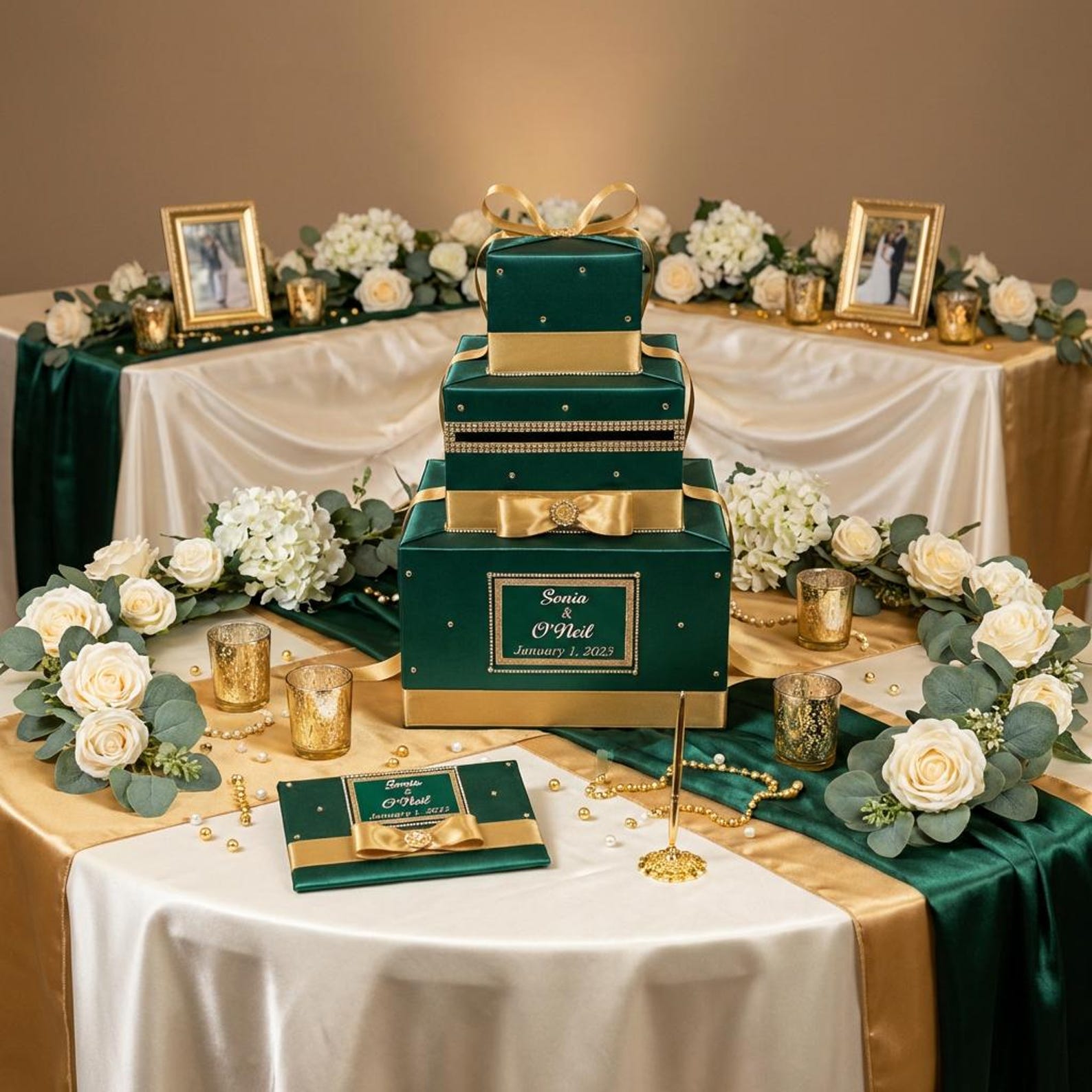 Emerald Green & Gold Wedding Card Box and Guest Book | Gold Rhinestones ...