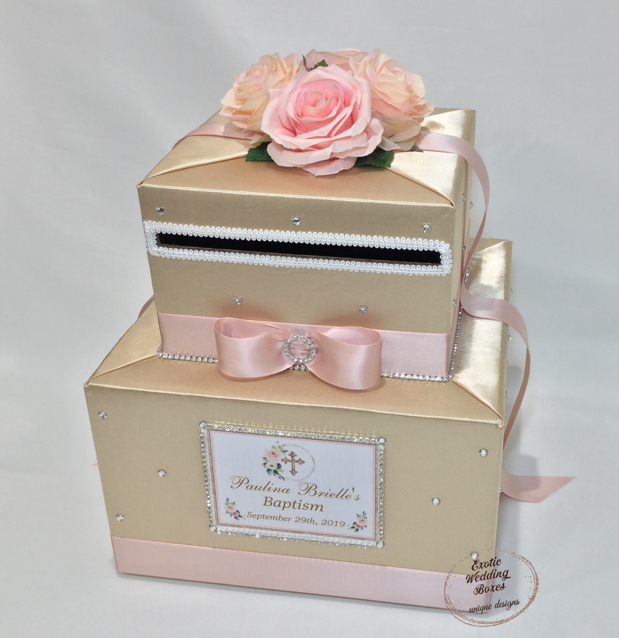 Champagne and Blush Pink Card Box, Card Holder for Baptism, Christening ...