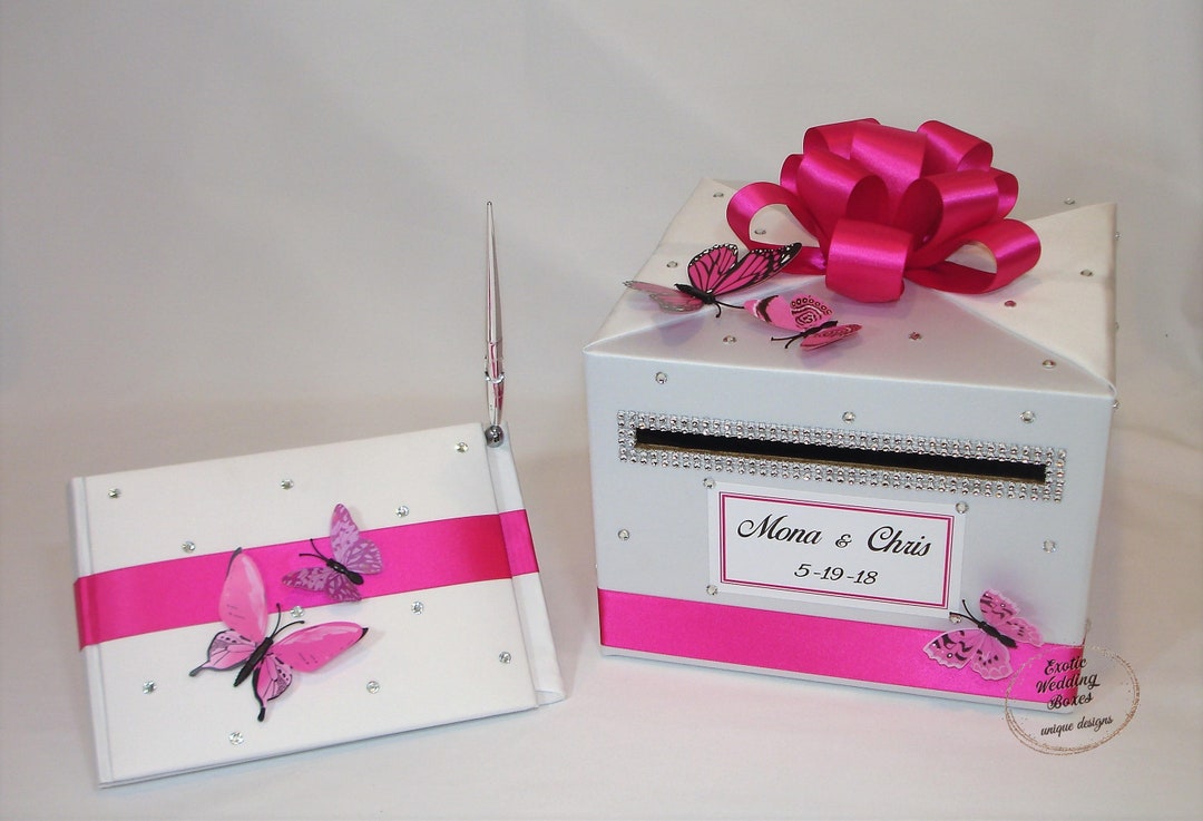 Butterfly Theme White and Fuchsia Card Box and Matching Guest Book and ...