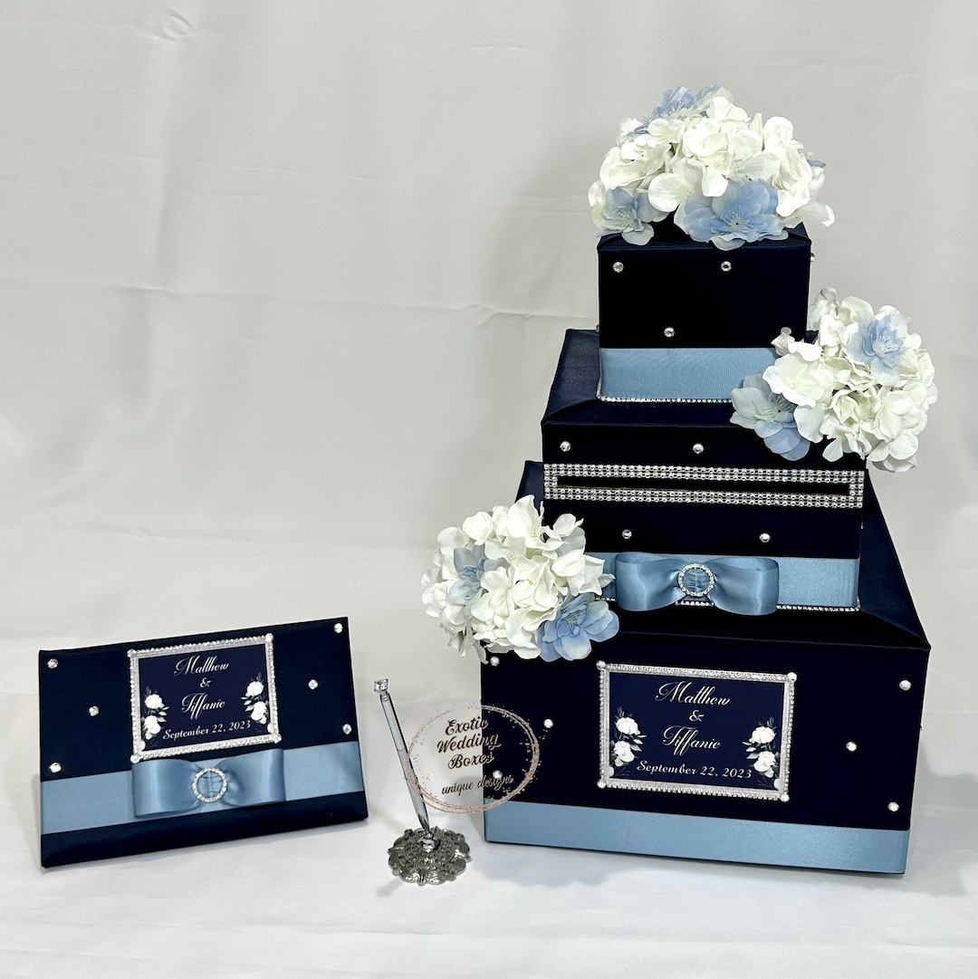 Navy Blue, Slate Blue Card Box and Guest Book, White Hydrangeas - Etsy