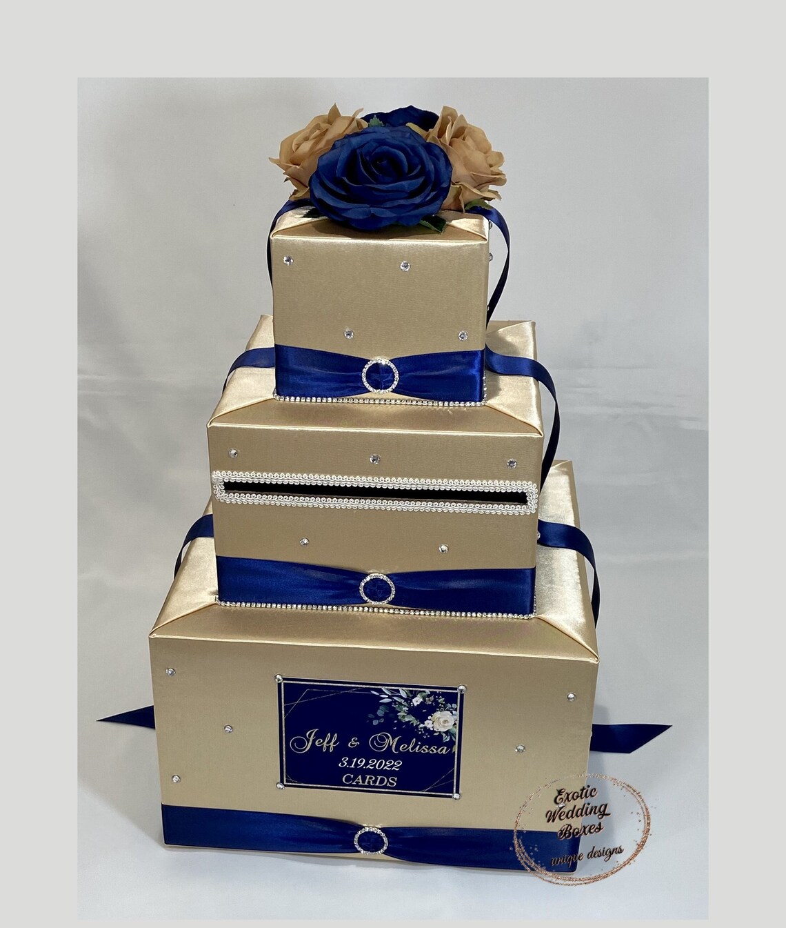 Champagne and Navy Blue Card Box-flowers Rhinestone Accents - Etsy
