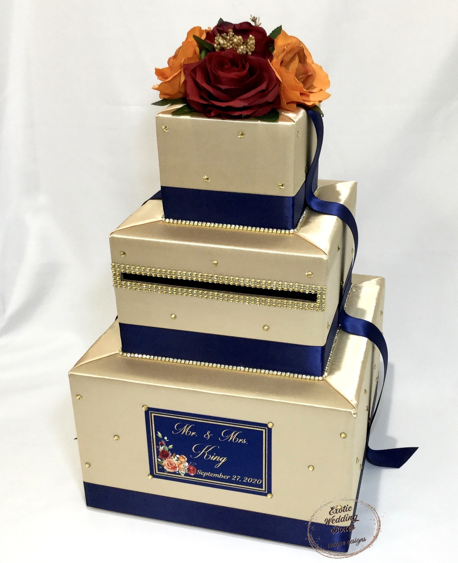 Champagne Navy Blue Wedding Card Box With Burnt Orange and | Etsy
