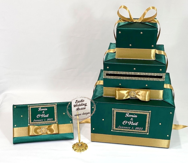 Emerald Green & Gold Wedding Card Box and Guest Book | Gold Rhinestones ...