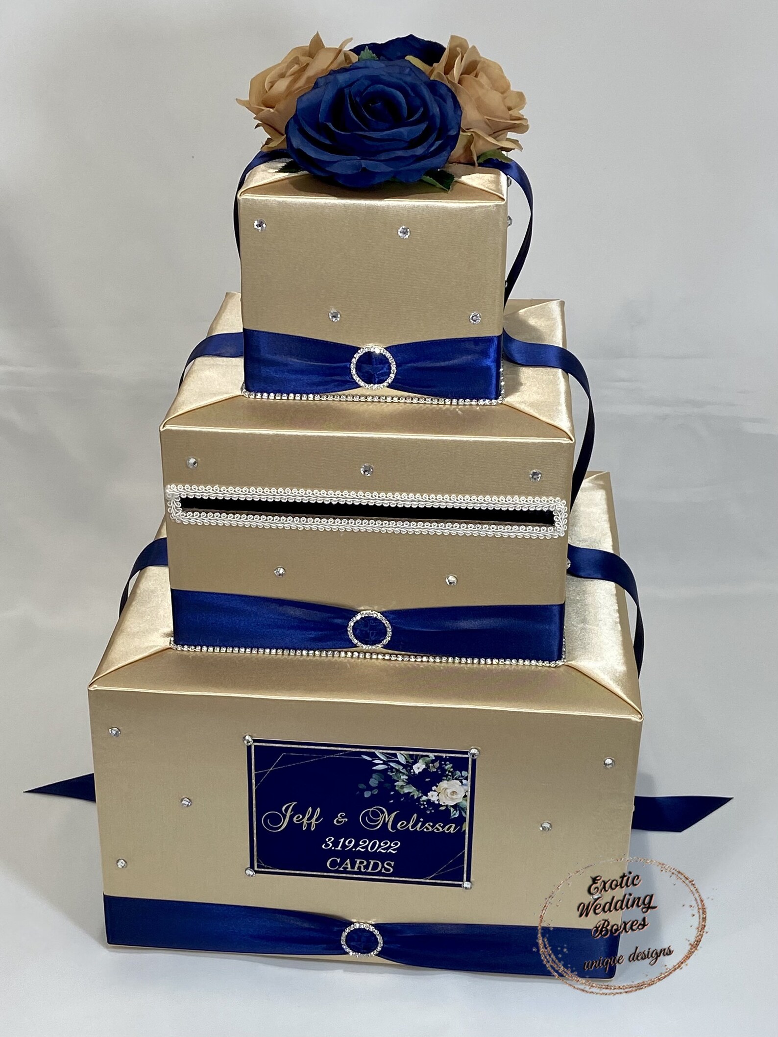 Champagne and Navy Blue Card Box-flowers Rhinestone Accents - Etsy