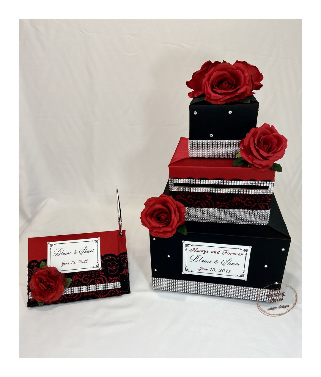 Red and Black Wedding Card Box and Guest Book With Pen, Rhinestone ...