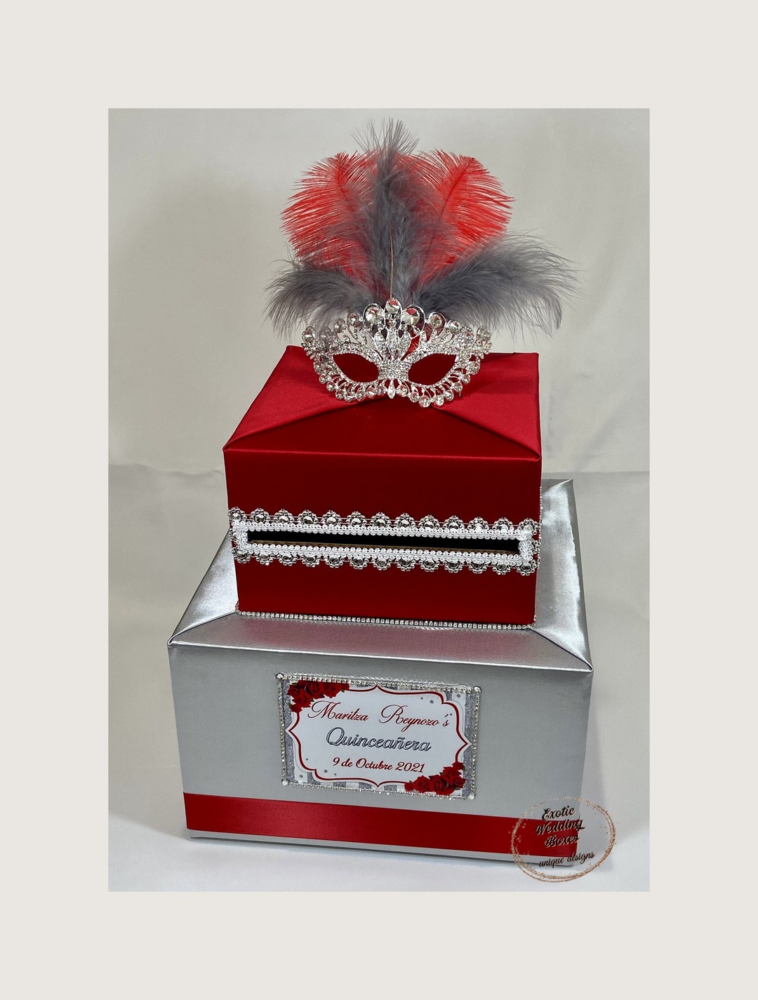 Red and Silver Masquerade Themed Card Box, Masquerade Sweet 16 ...