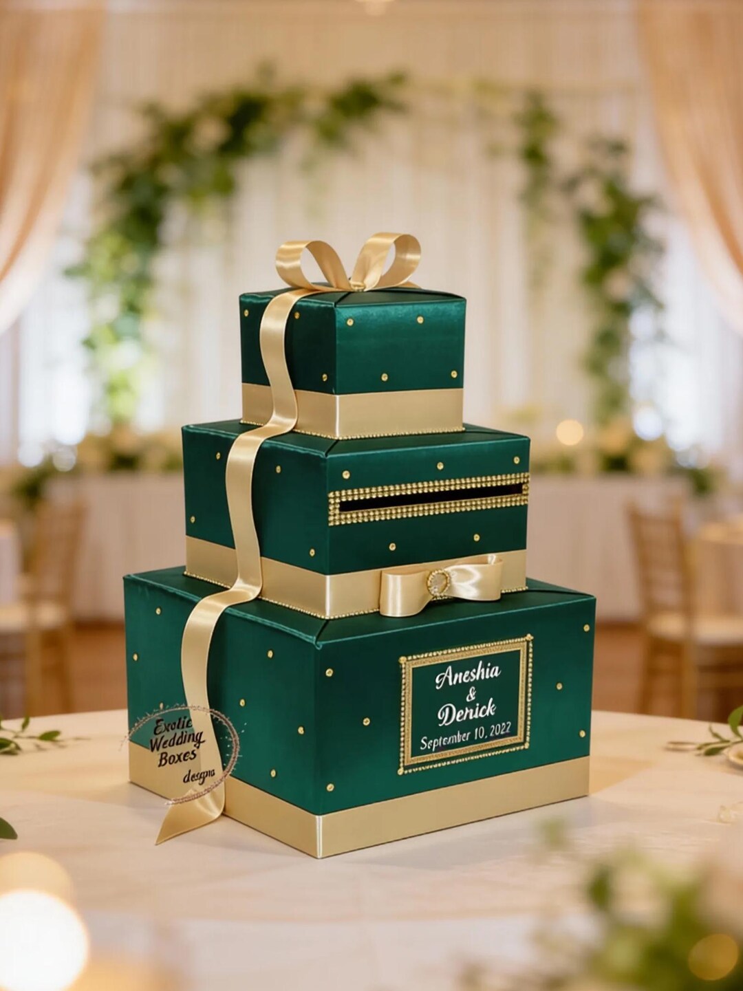 Emerald Green & Champagne Card Box With Guest Book and Pen | Wedding ...