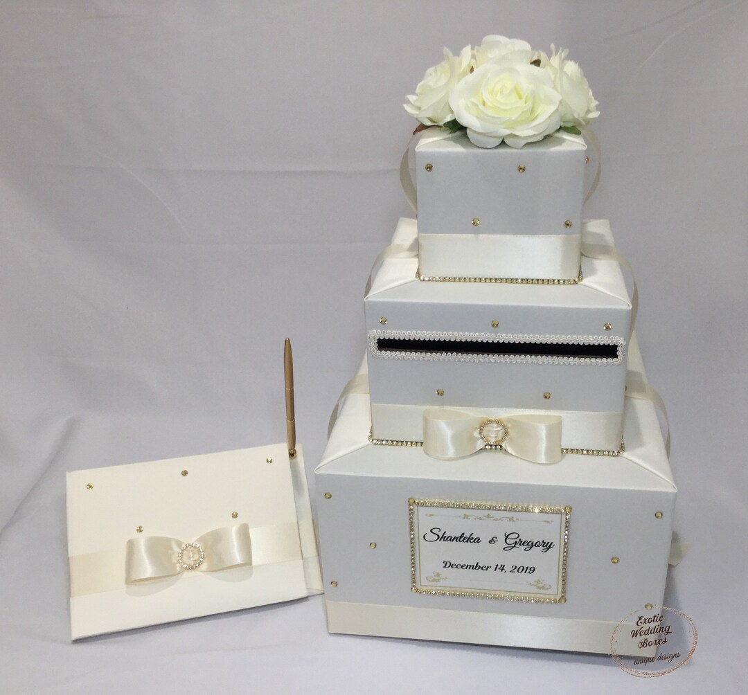 Ivory on Ivory Wedding Card Box and Guest Book With Gold Rhinestones ...