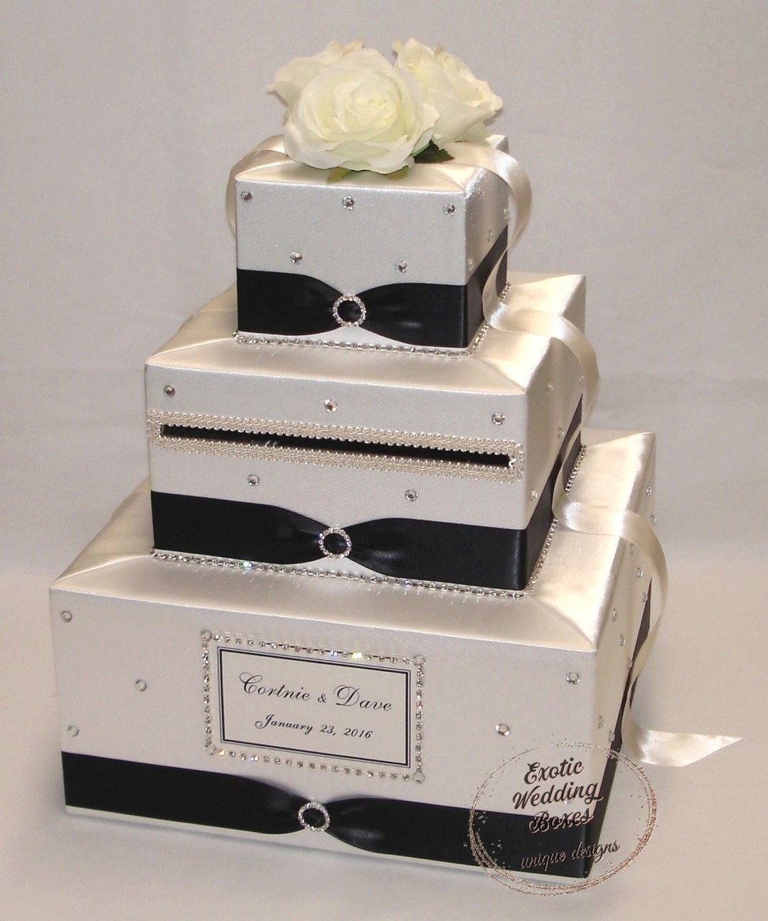Ivory /black Wedding Card Box-lots of Bling-ivory Roses - Etsy