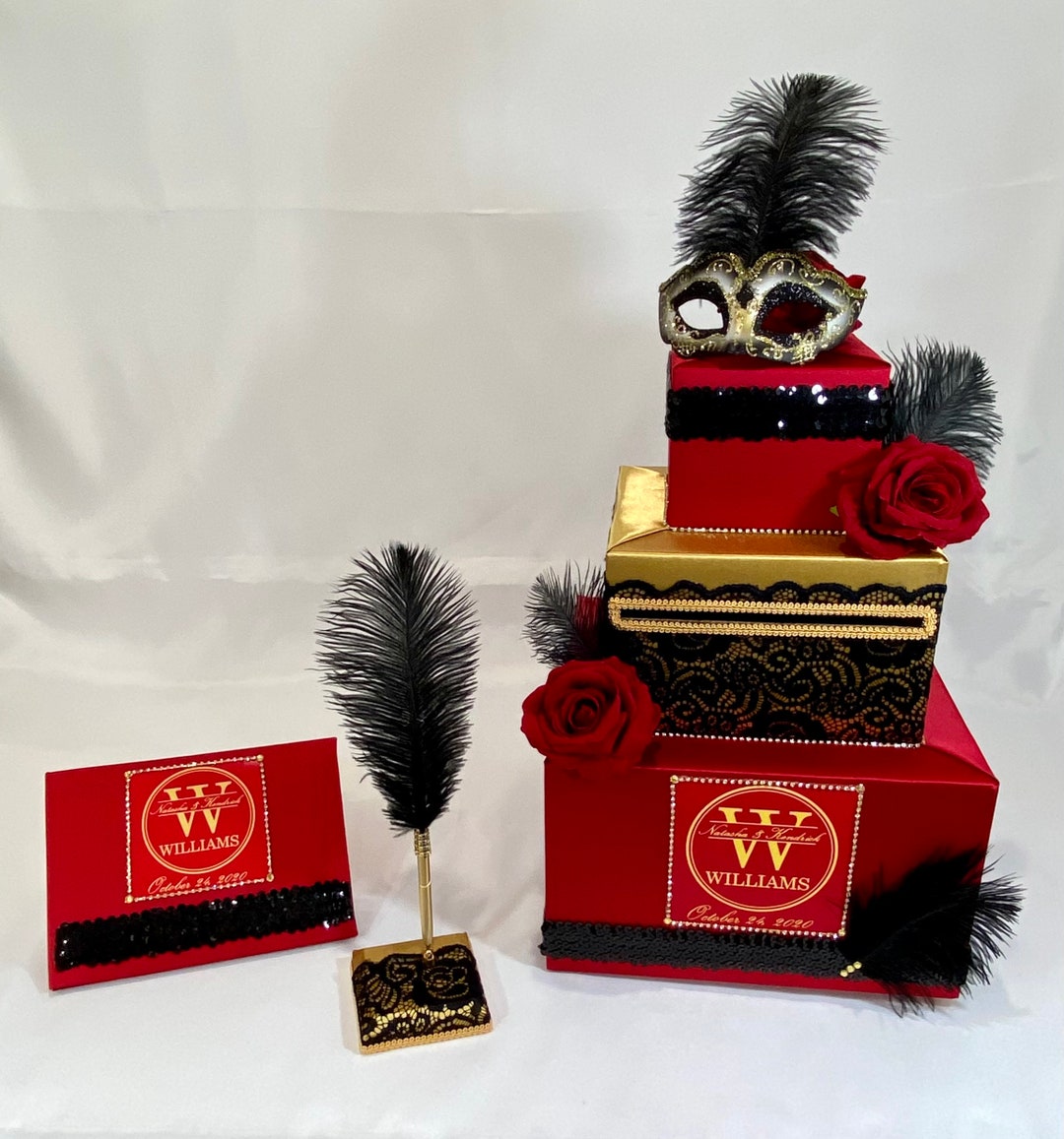 Red, Black and Gold Masquerade Themed Card Box, Guest Book and Pen ...