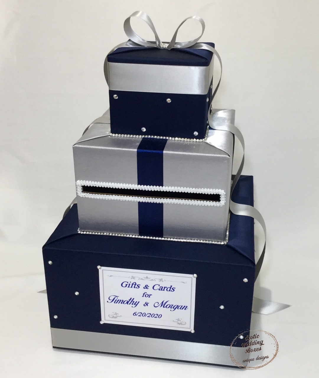 Navy Blue and Silver Card Box, Wedding Card Box With Rhinestones ...