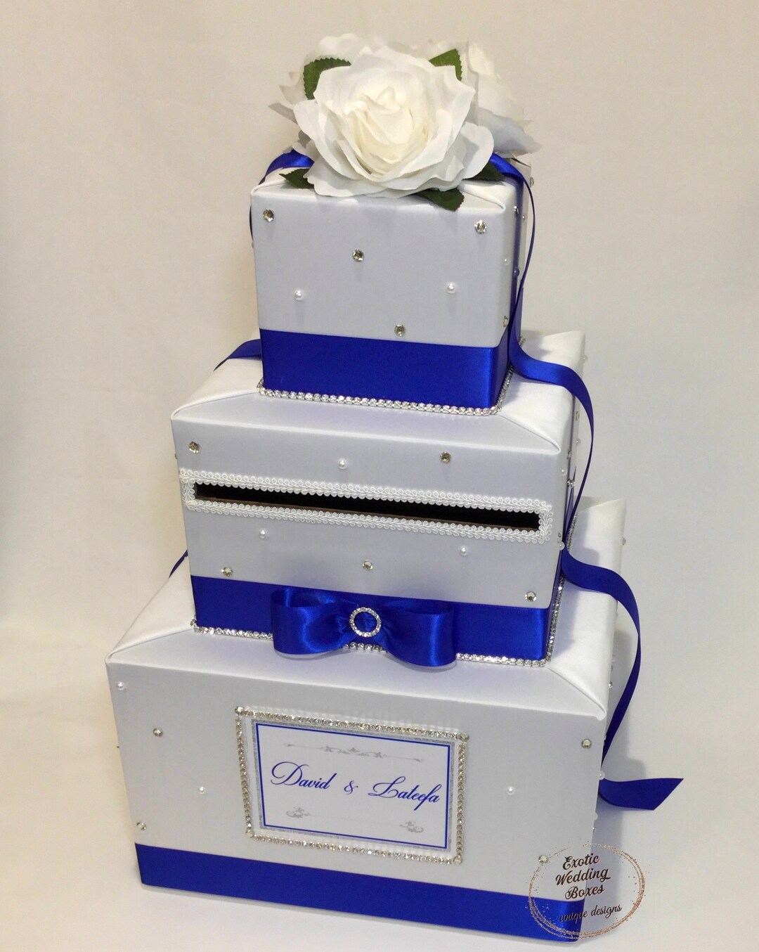 White and Royal Blue Wedding Card Box-rhinestone/pearl Accents - Etsy
