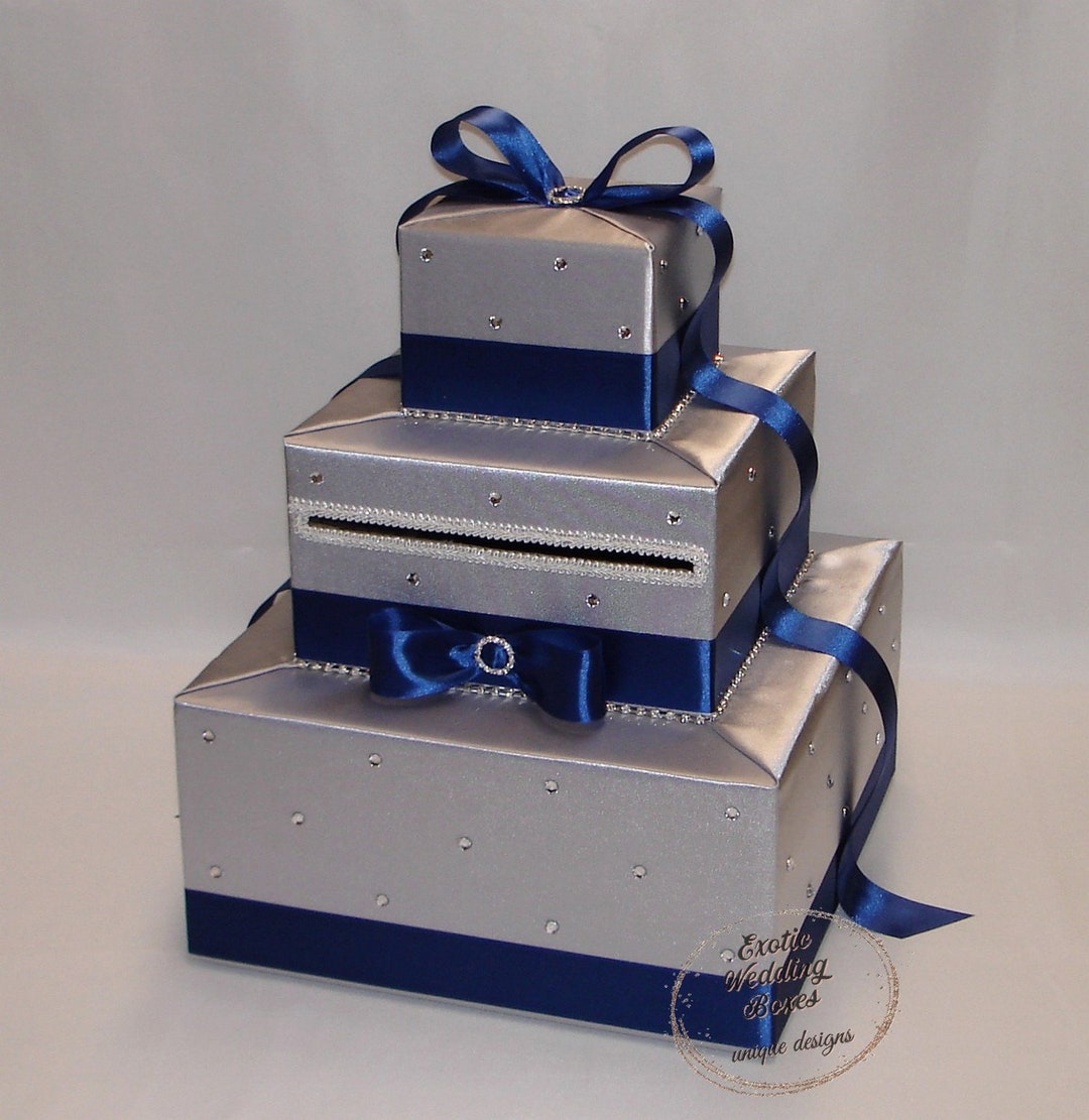 Silver and Navy Blue Card Box-rhinestone Accents - Etsy