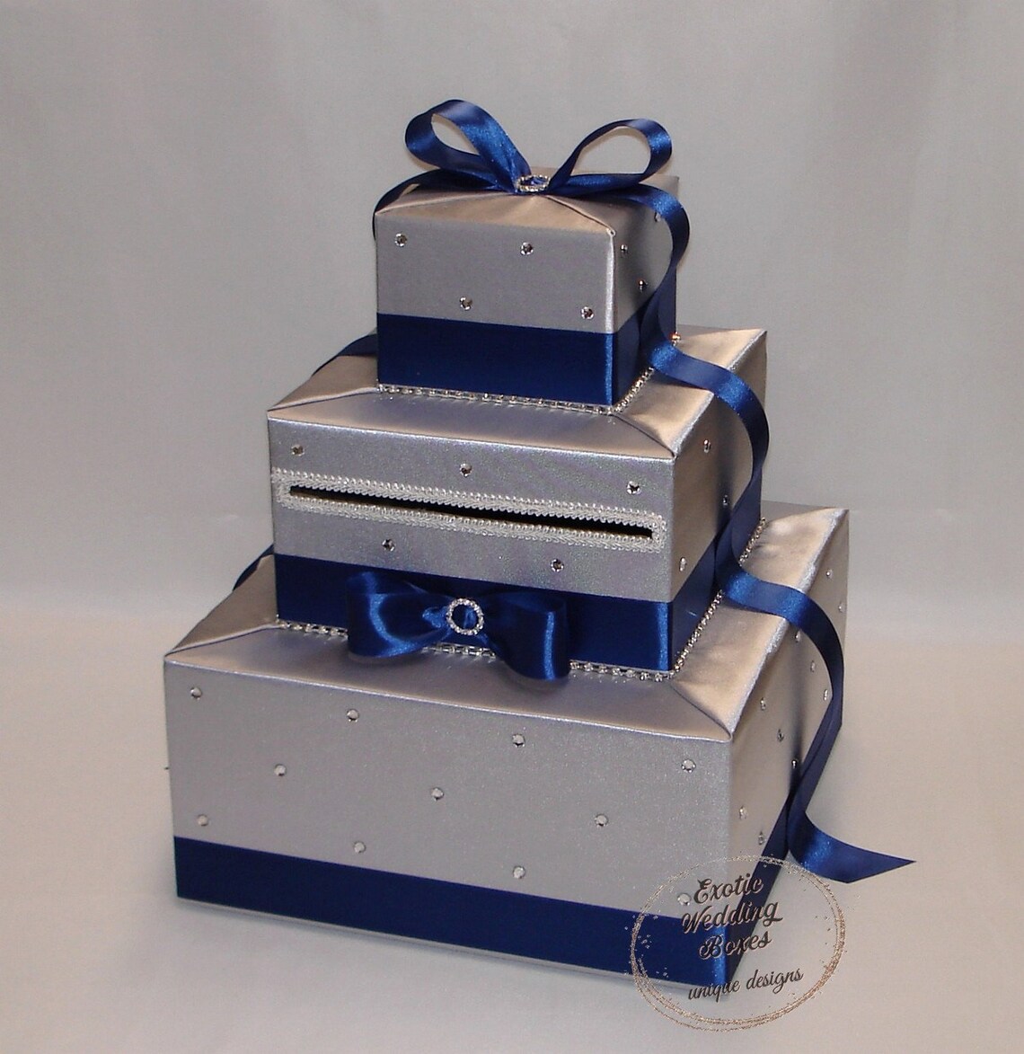 Silver and Navy Blue Card Box-rhinestone Accents - Etsy