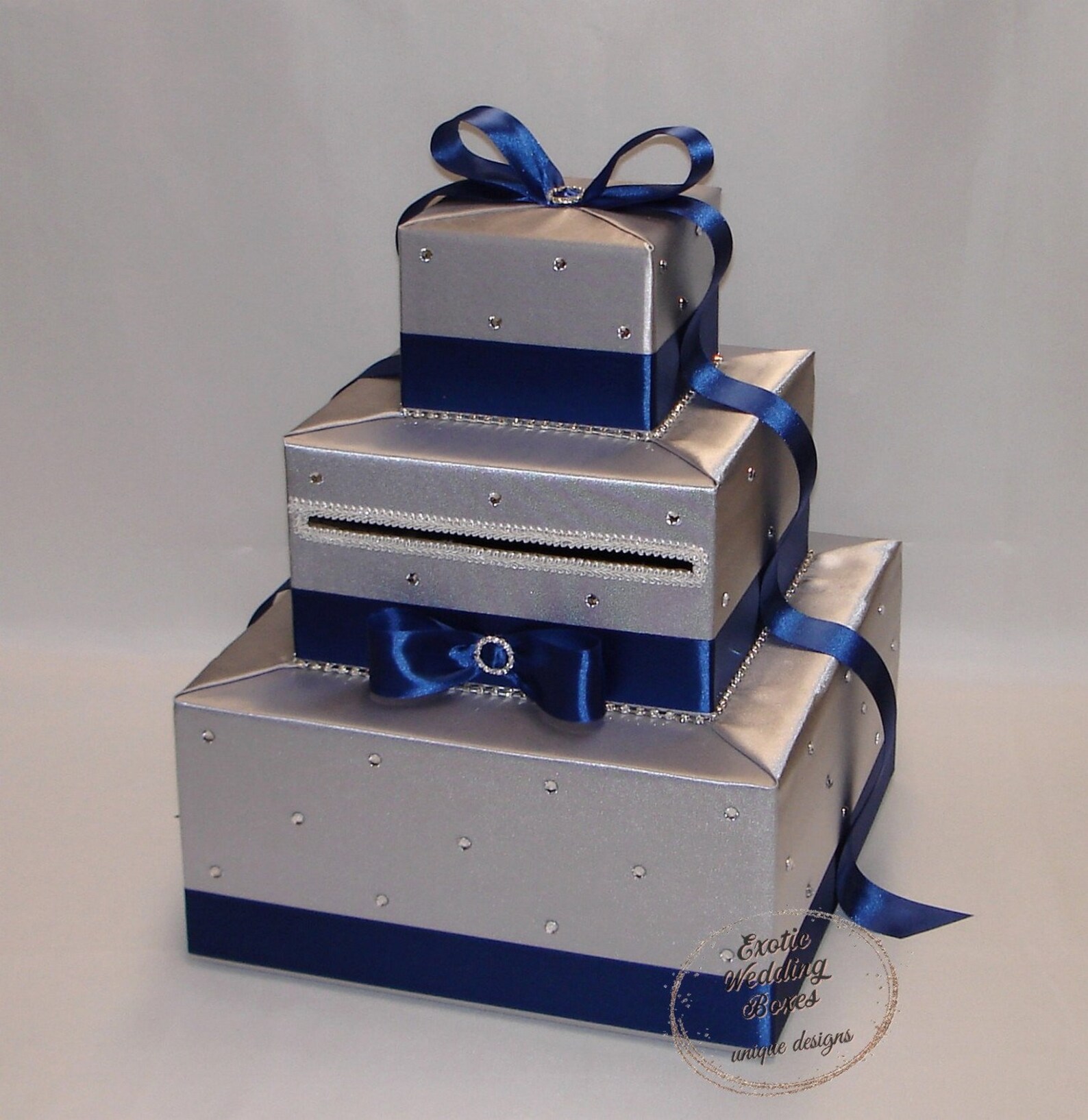 Silver and Navy Blue Card Box-rhinestone Accents - Etsy