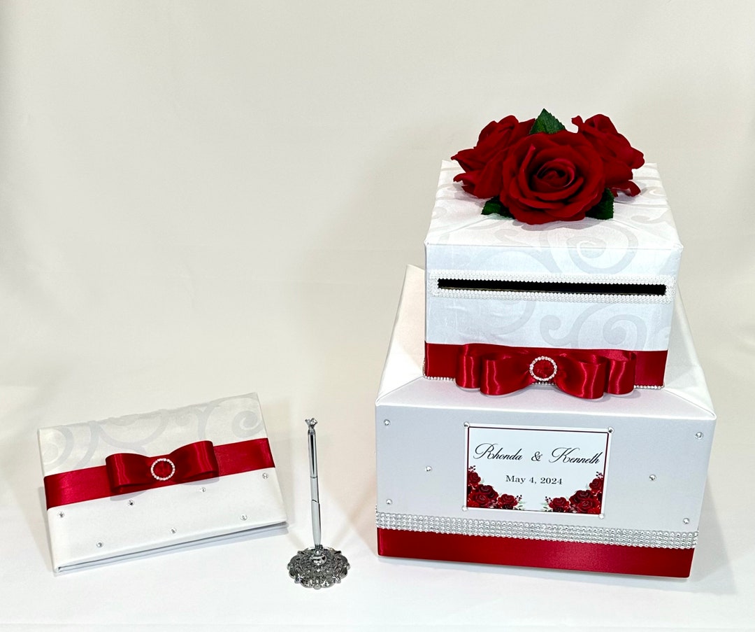 White and Red Card Box and Guest Book Set - Etsy