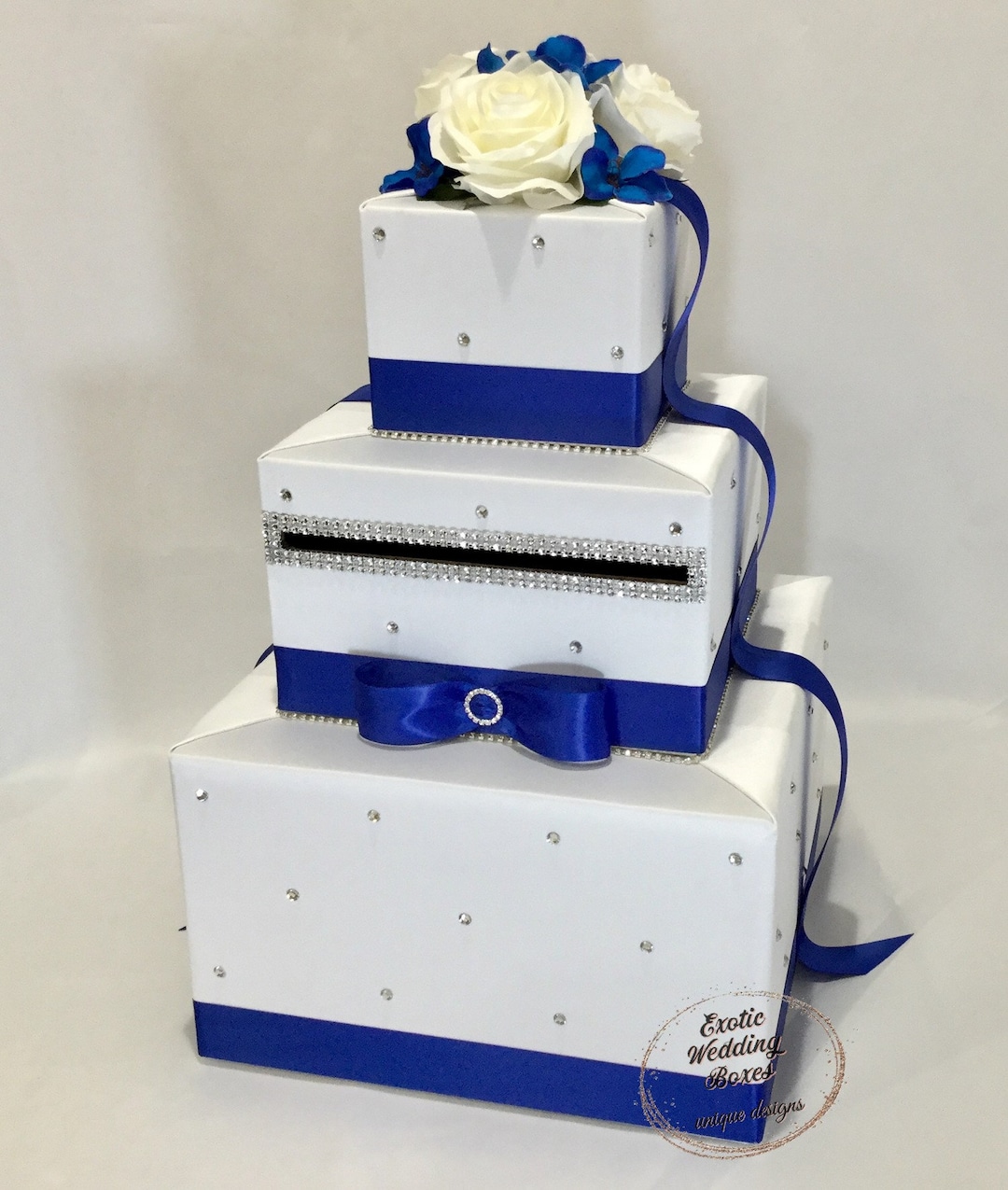 White and Royal Blue Wedding Card Box-card Holder With Silk Flowers and ...