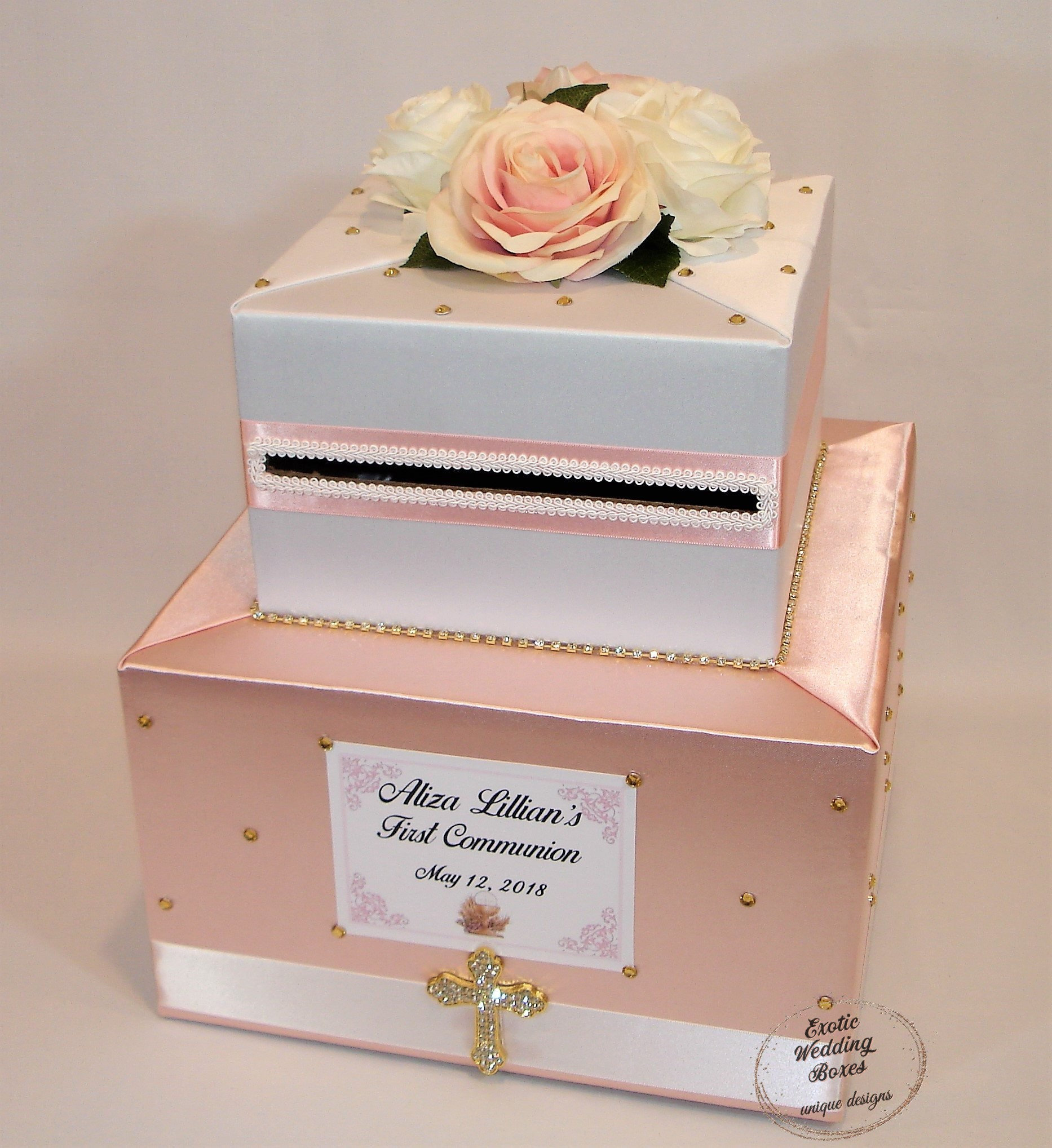 Blush Pink and White Card Box With Gold Rhinestone Cross and | Etsy