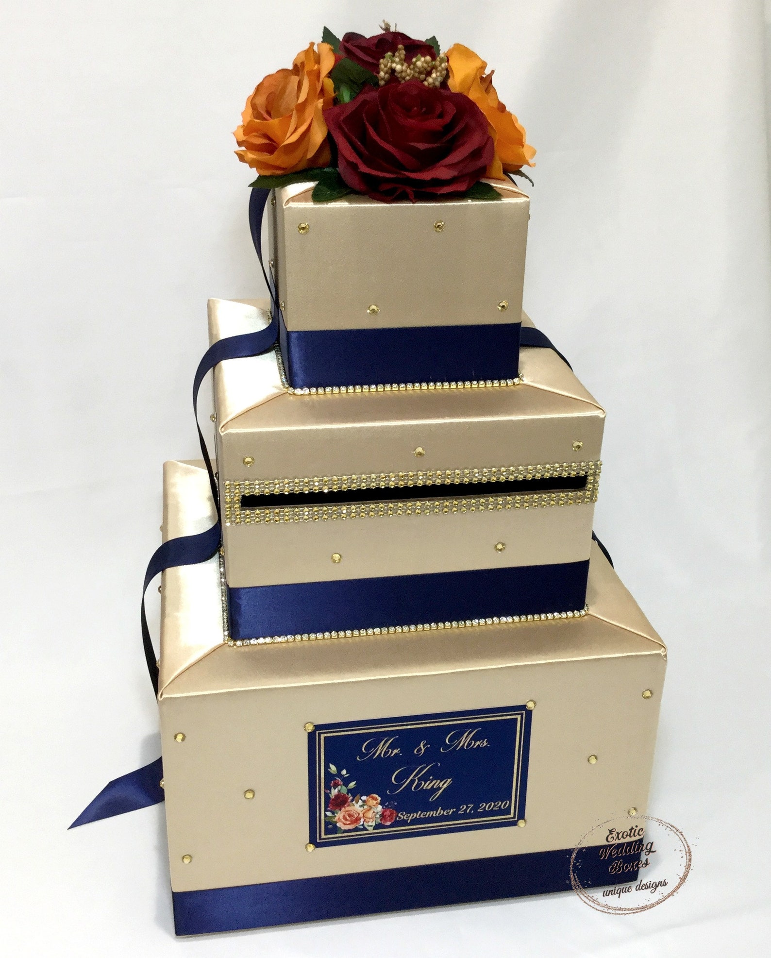 Champagne Navy Blue Wedding Card Box With Burnt Orange and - Etsy
