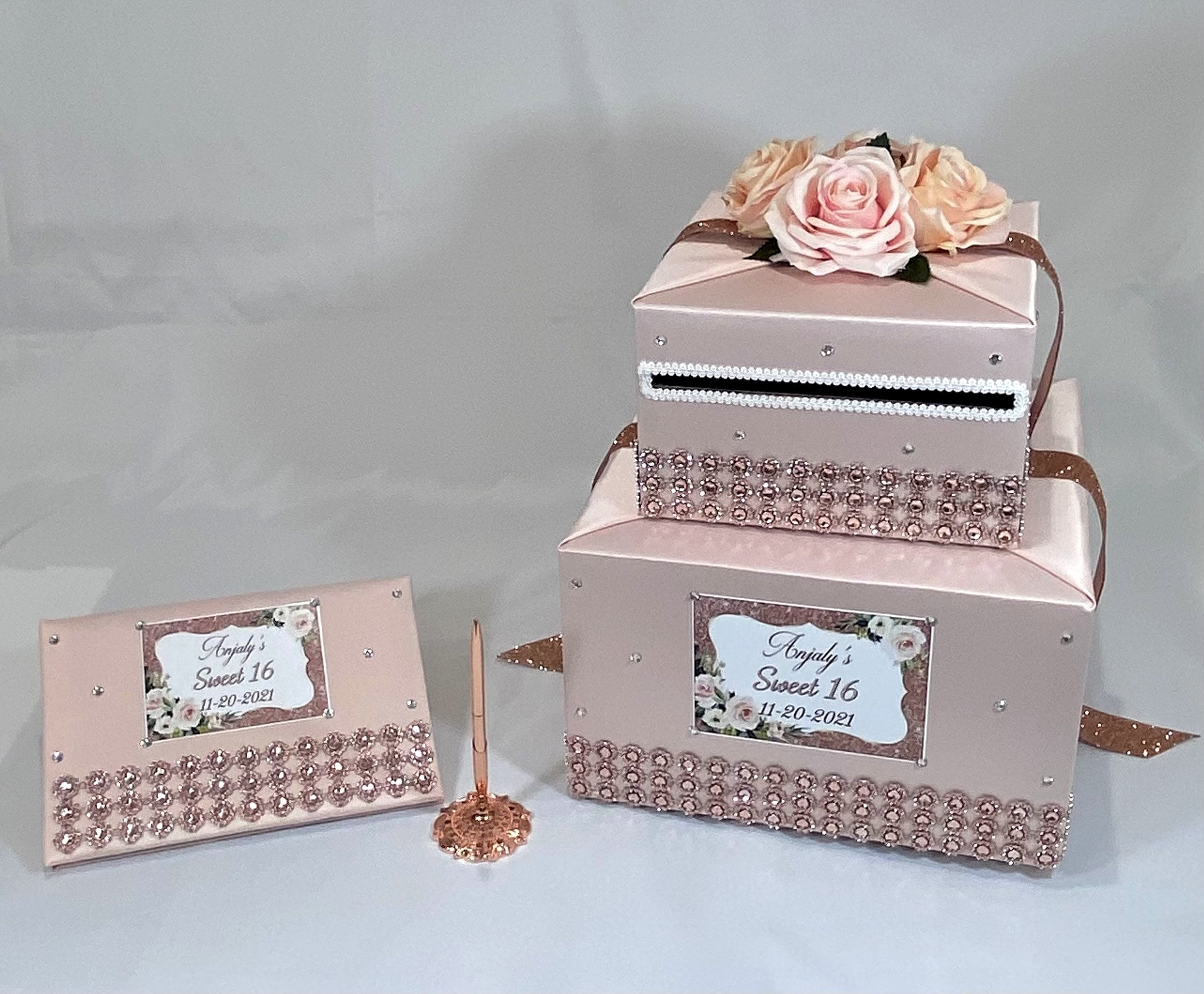 Blush Pink and Rose Gold Card Box and Matching Guest Book for ...