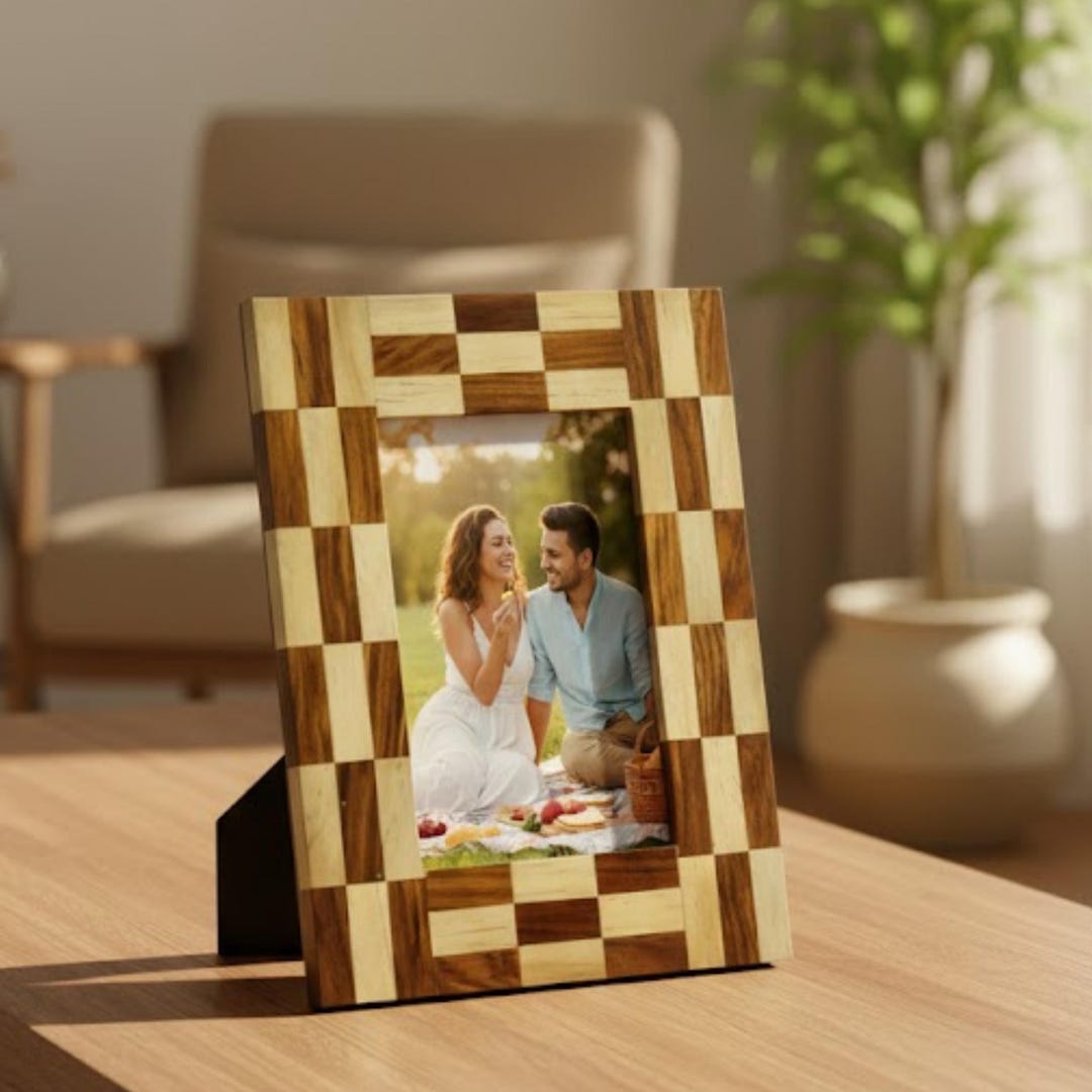 Handmade Wooden Inlay Photo Frame | Checkerboard Pattern | Rustic ...