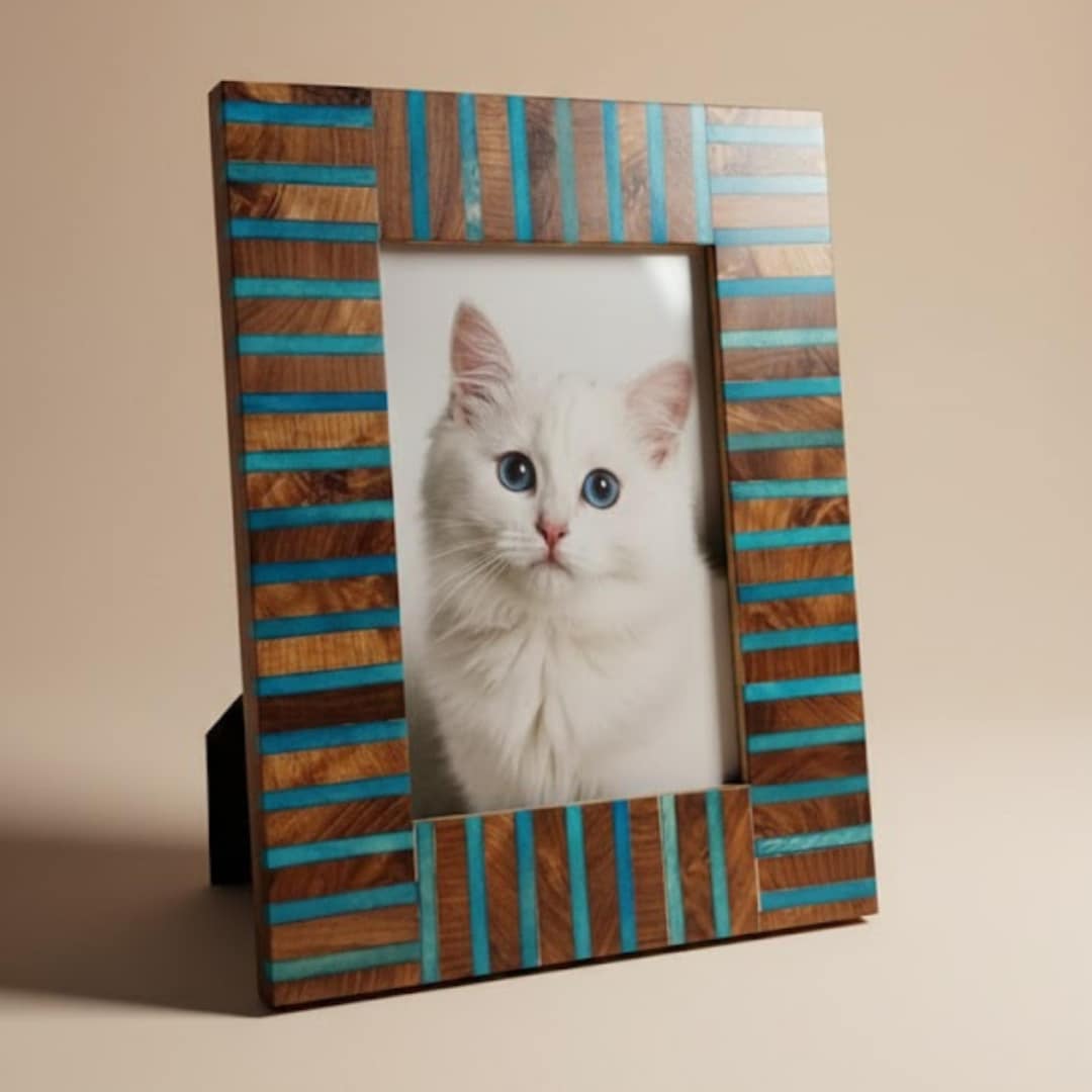 Handmade Wooden Inlay & Resin Photo Frame – Modern Blue Accent Picture ...