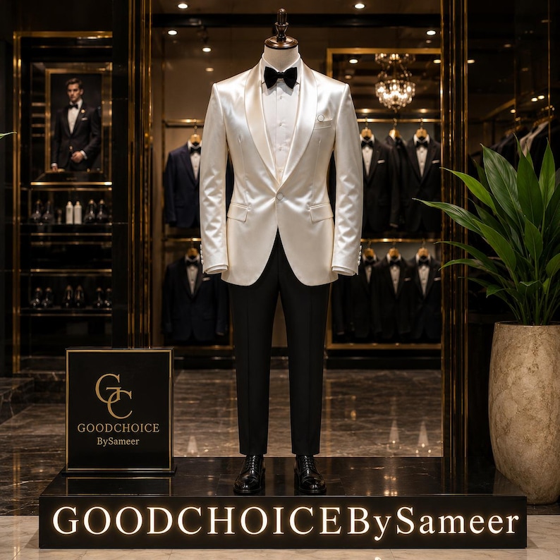 Men's White Satin Shawl Lapel Tuxedo Suit: Custom Tailored Blazer ...
