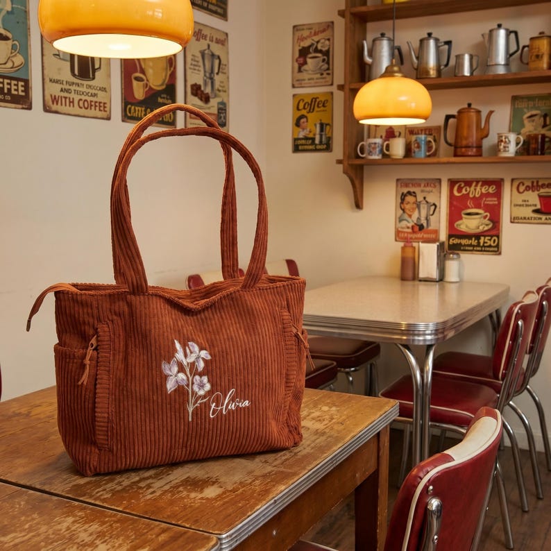 Personalized Corduroy Tote Bag, Printed Floral Name Shoulder Bag - Etsy ...