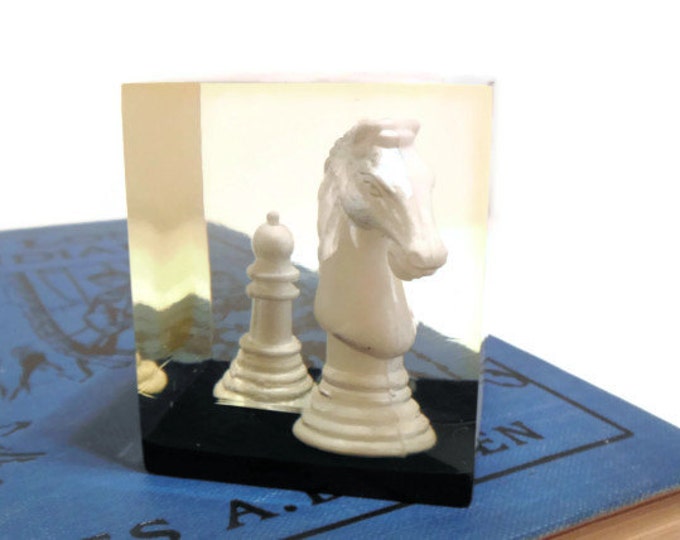Vintage Lucite Cube Paperweight Chess Pieces Knight and Pawn - Etsy