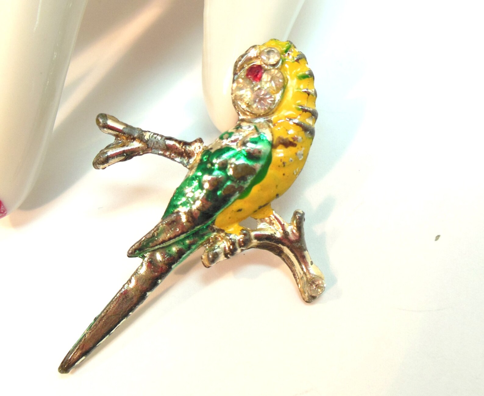 Vintage Parrot Brooch Rhinestone Yellow Green 60's item - Etsy Israel