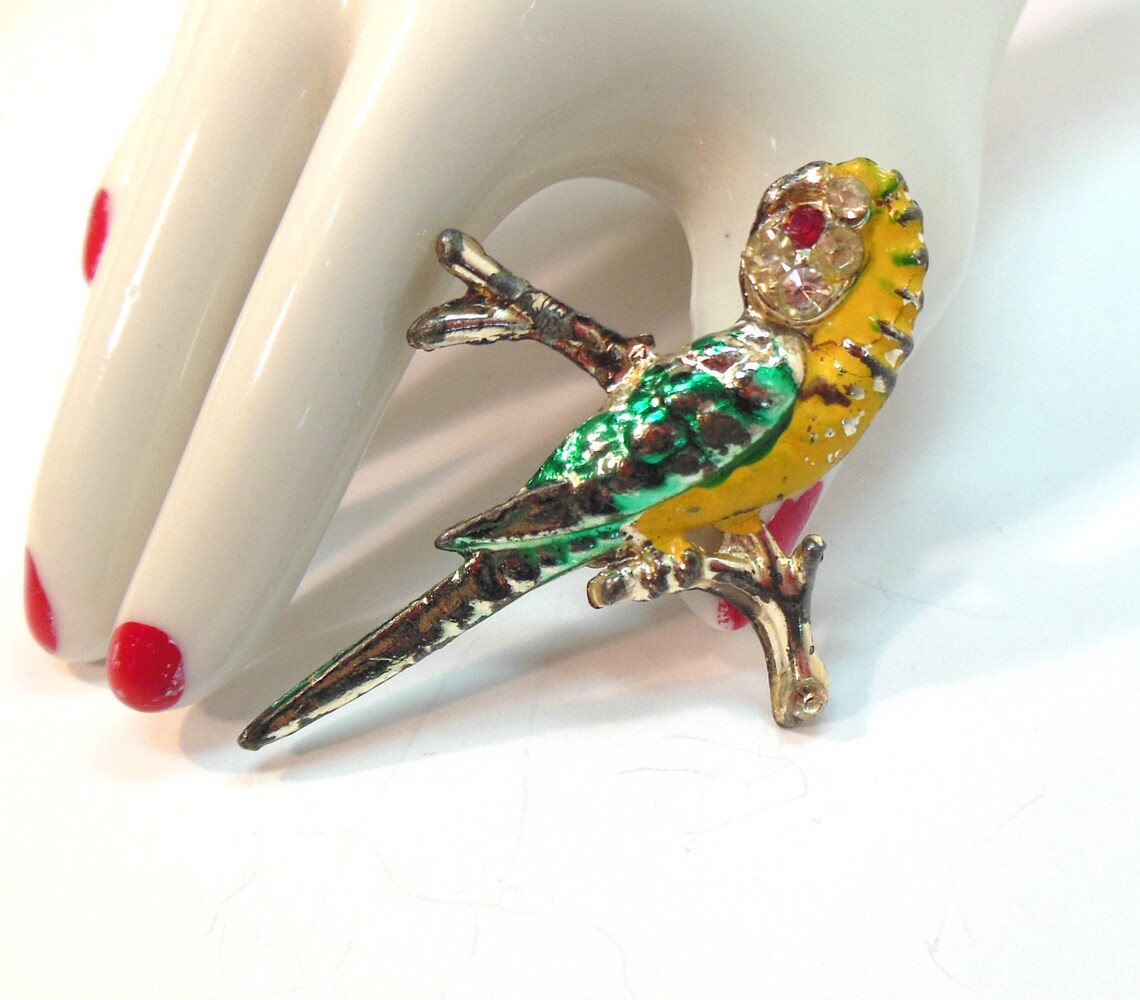Vintage Parrot Brooch Rhinestone Yellow Green 60's item - Etsy Israel