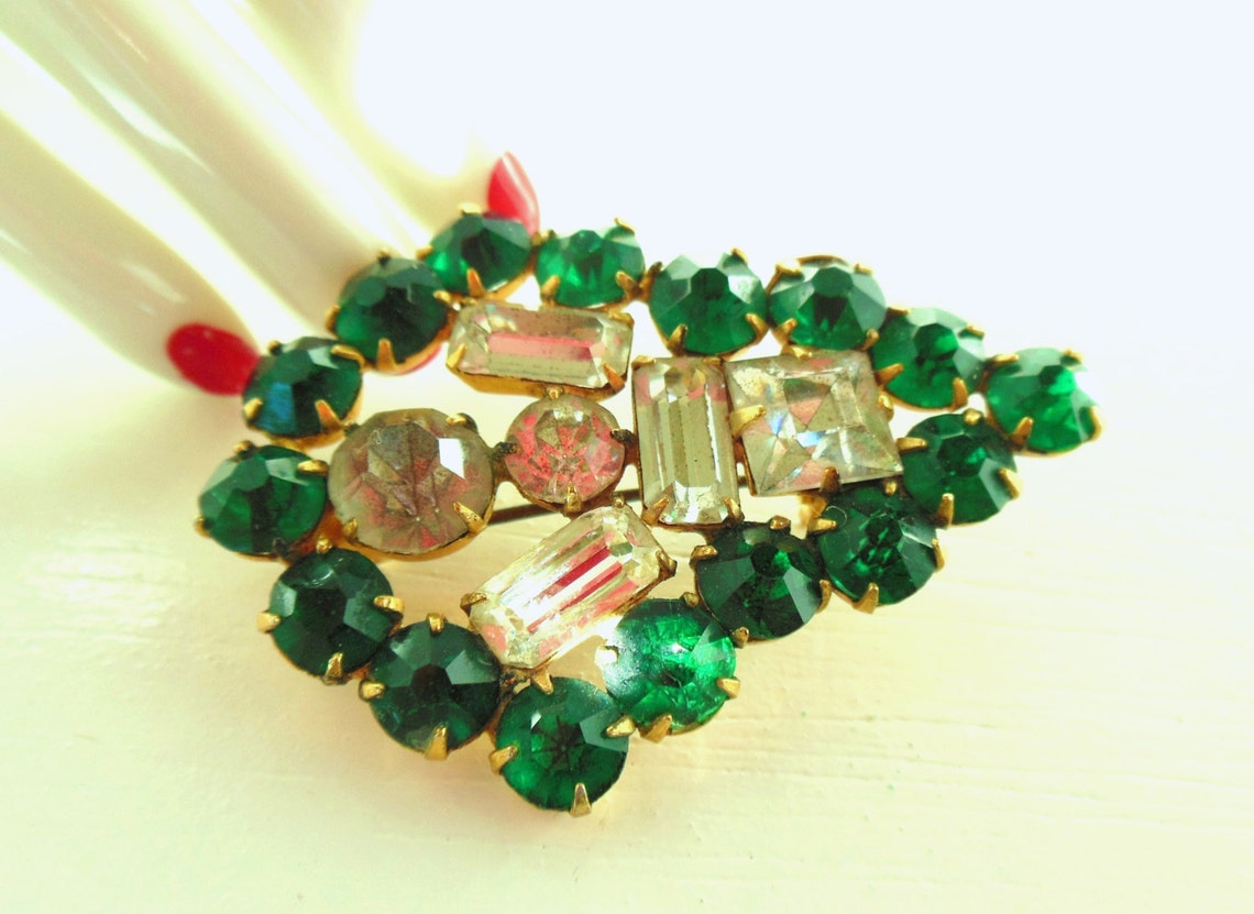 Vintage Rhinestone Brooch Emerald Art Deco Gold Triangle Antique 30's ...