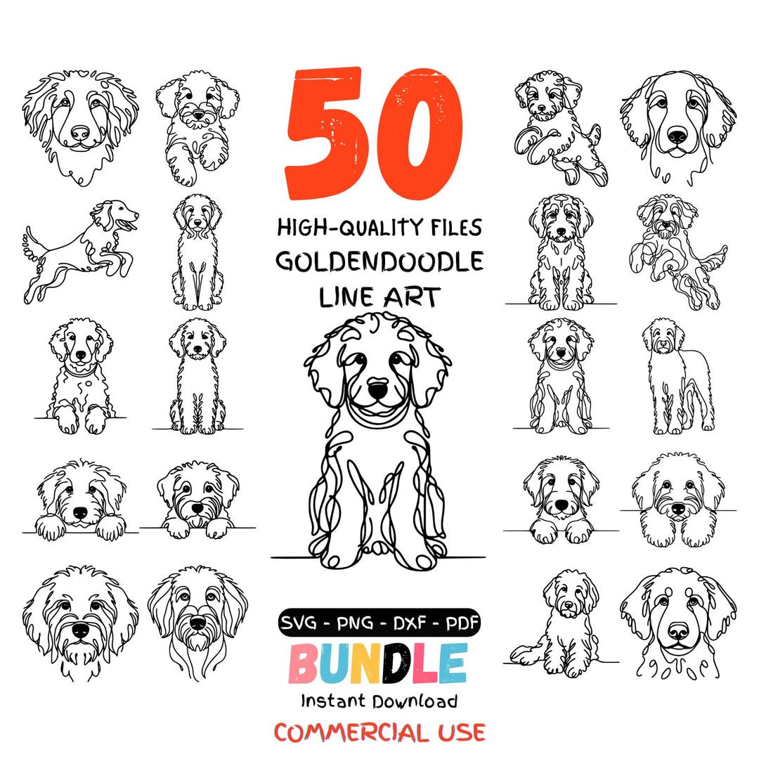 Goldendoodle Line Art SVG Bundle | 50 Dog Sketch Designs | Doodle Puppy ...