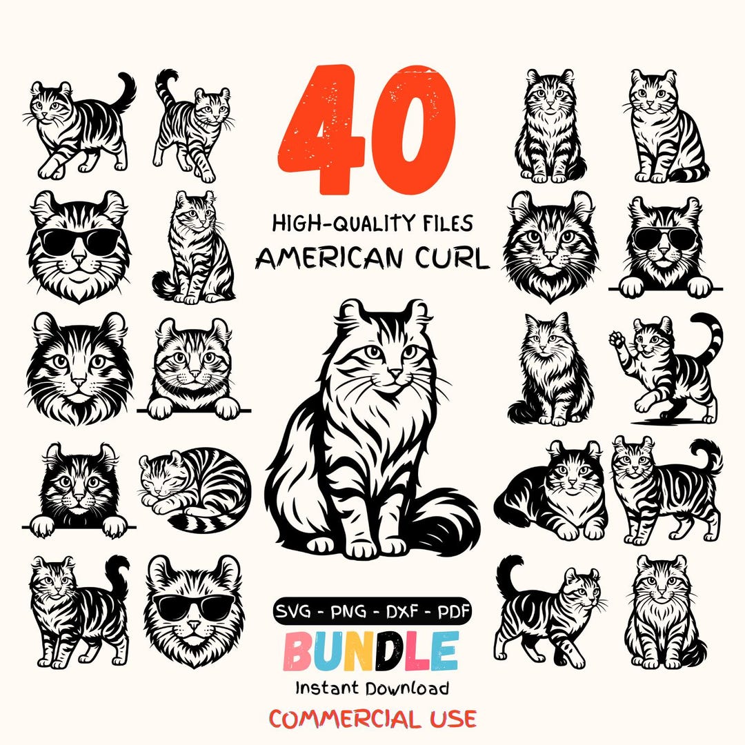 American Curl Cat SVG Bundle | 40 Cat Vector Illustrations | Cat ...