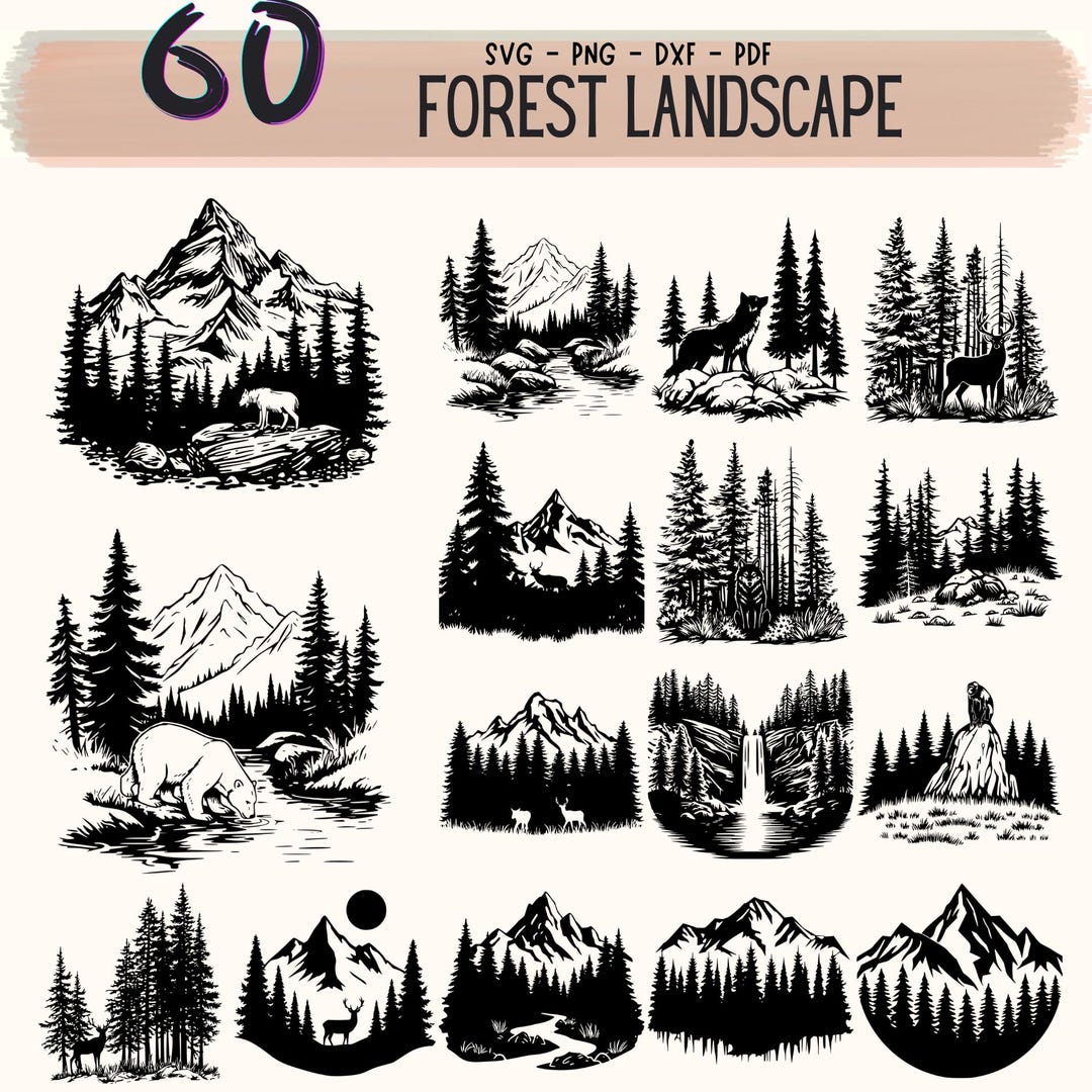 Forest Landscape SVG Bundle | Mountain Pine Tree Wilderness Clipart ...