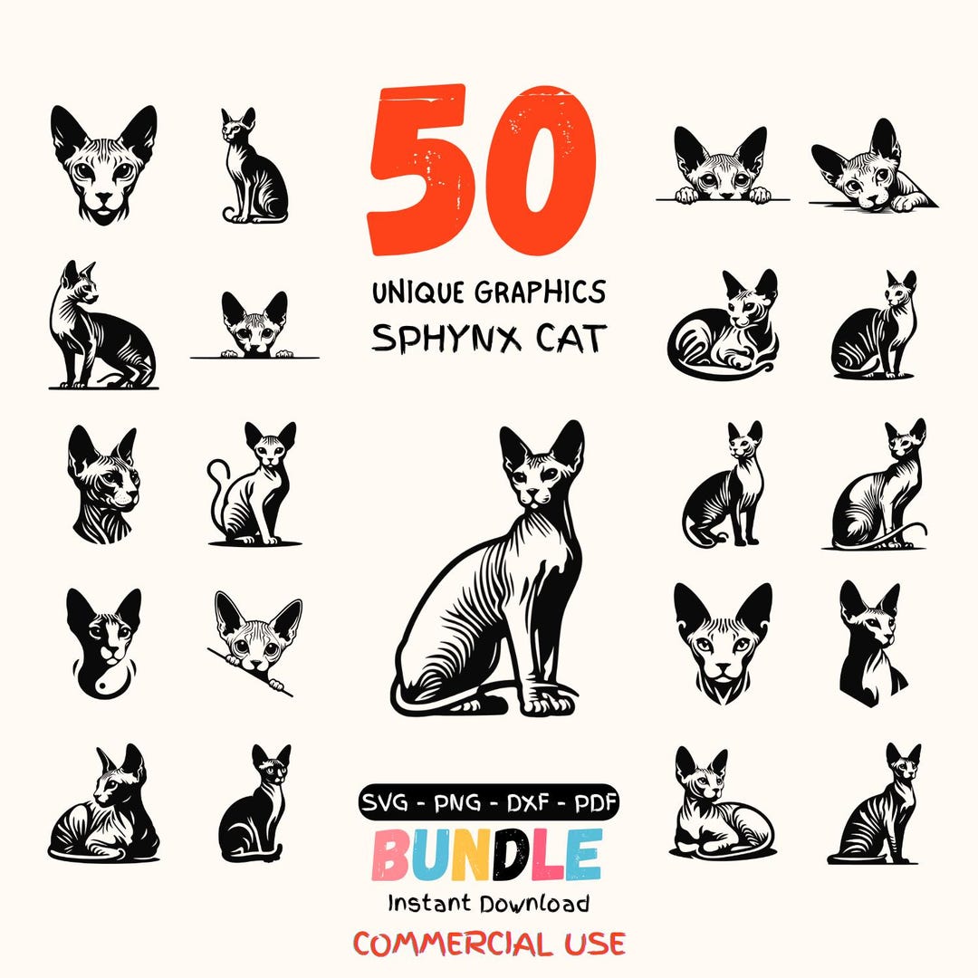 Sphynx Cat SVG Bundle With 50 Unique Hairless Cat Illustrations for ...