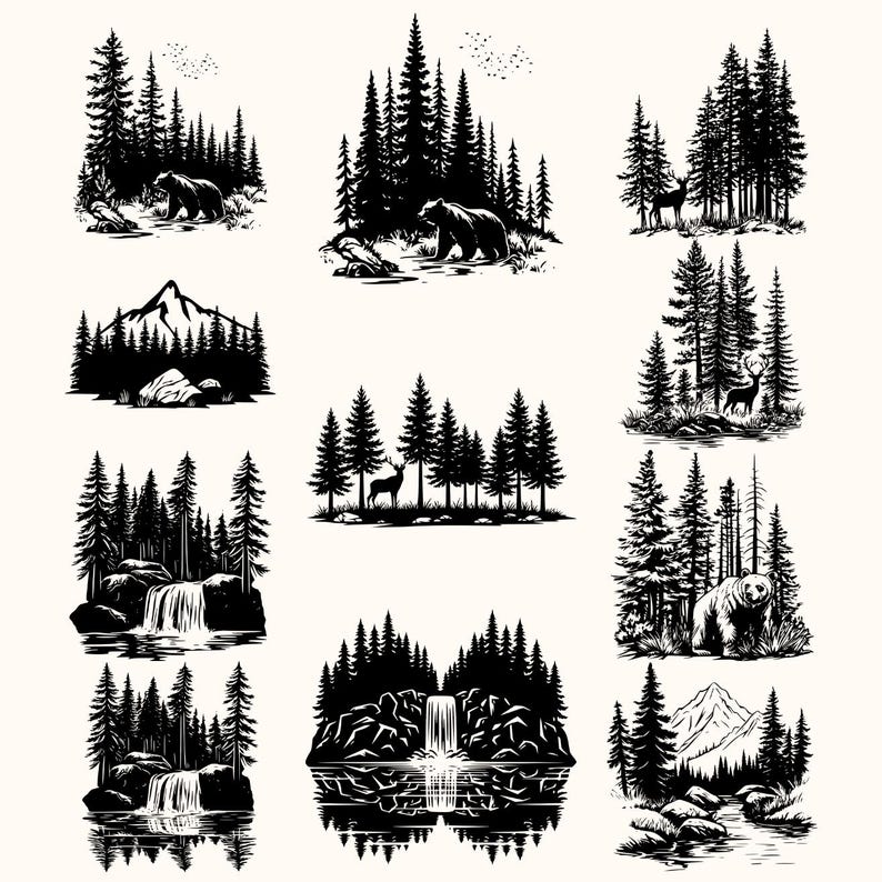 Forest Landscape SVG Bundle | Mountain Pine Tree Wilderness Clipart ...