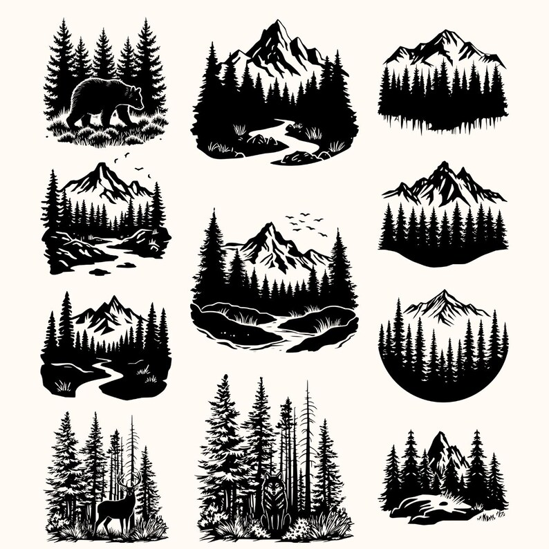 Forest Landscape SVG Bundle | Mountain Pine Tree Wilderness Clipart ...