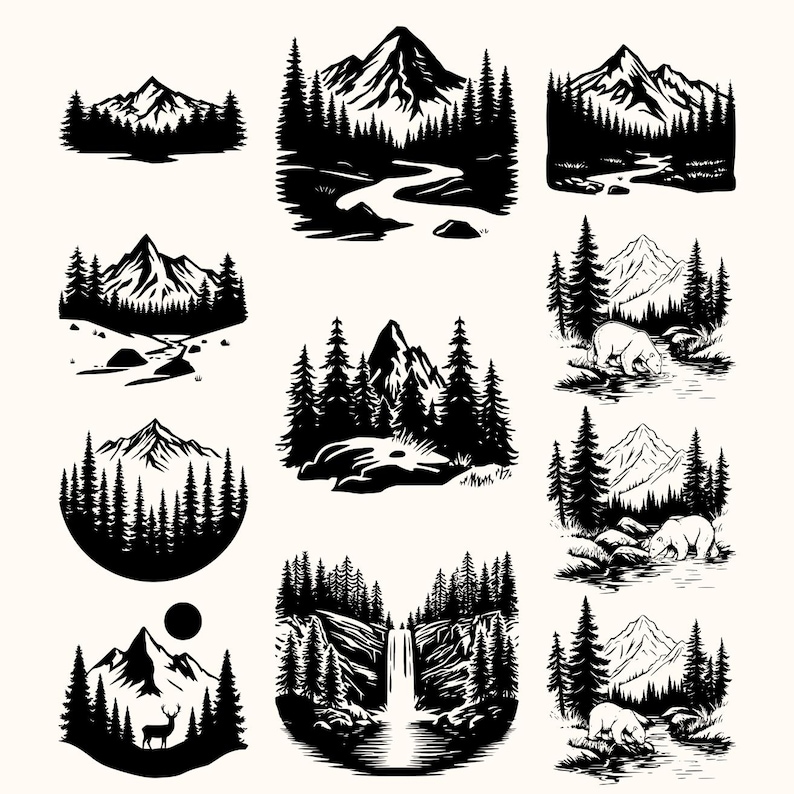 Forest Landscape SVG Bundle | Mountain Pine Tree Wilderness Clipart ...