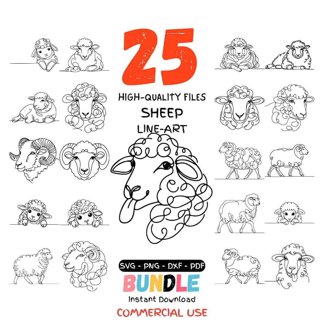 Sheep Line Art SVG Bundle | 25 Cute Farm Sheep Outline Drawings | Farm ...
