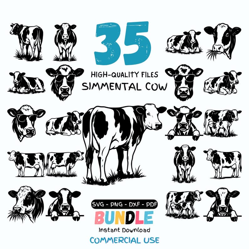 Simmental Cow SVG Bundle | 35 Dairy Cattle Clipart | Cow Bull SVG Png ...